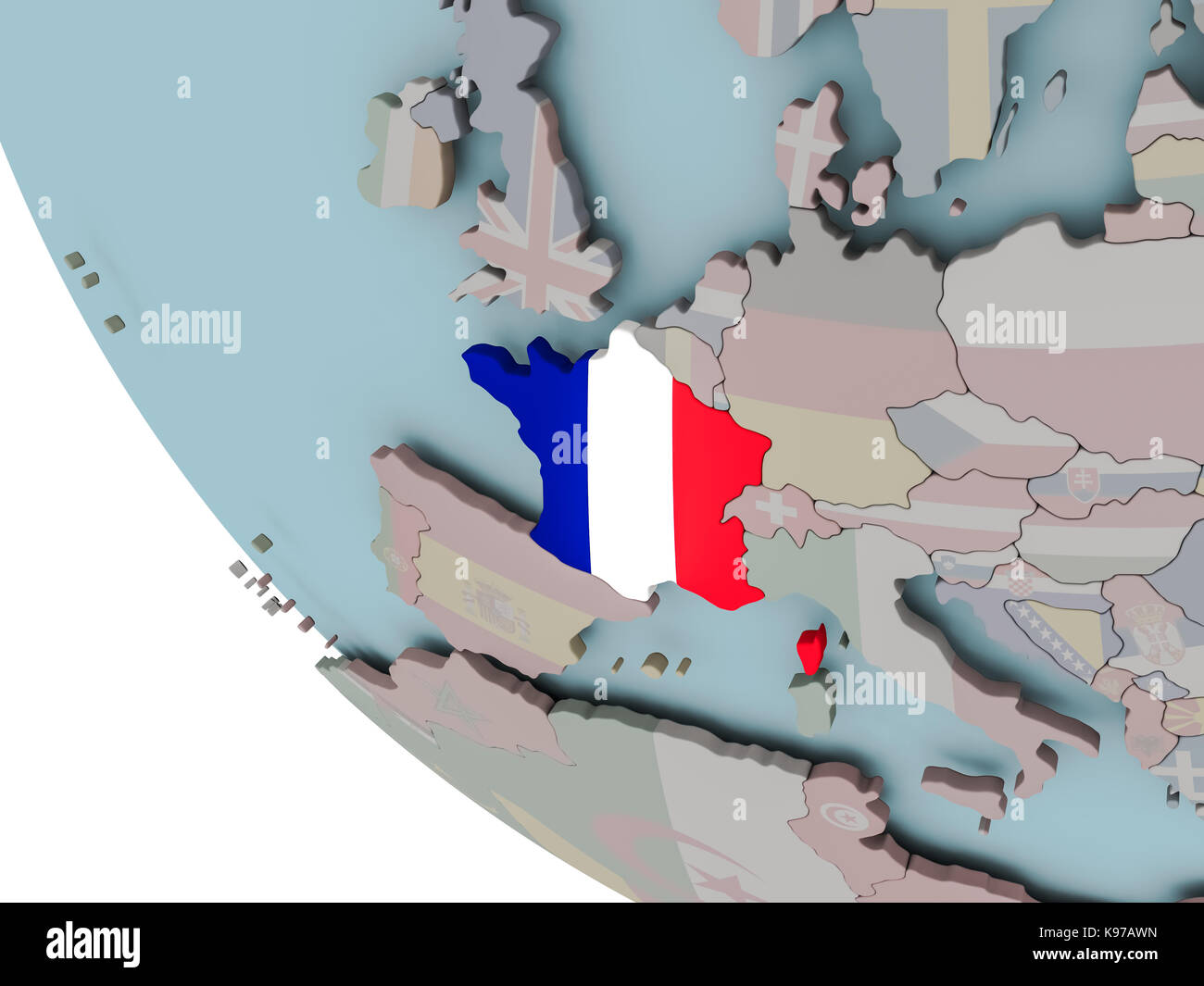 Map of France on political globe with embedded flags. 3D illustration ...