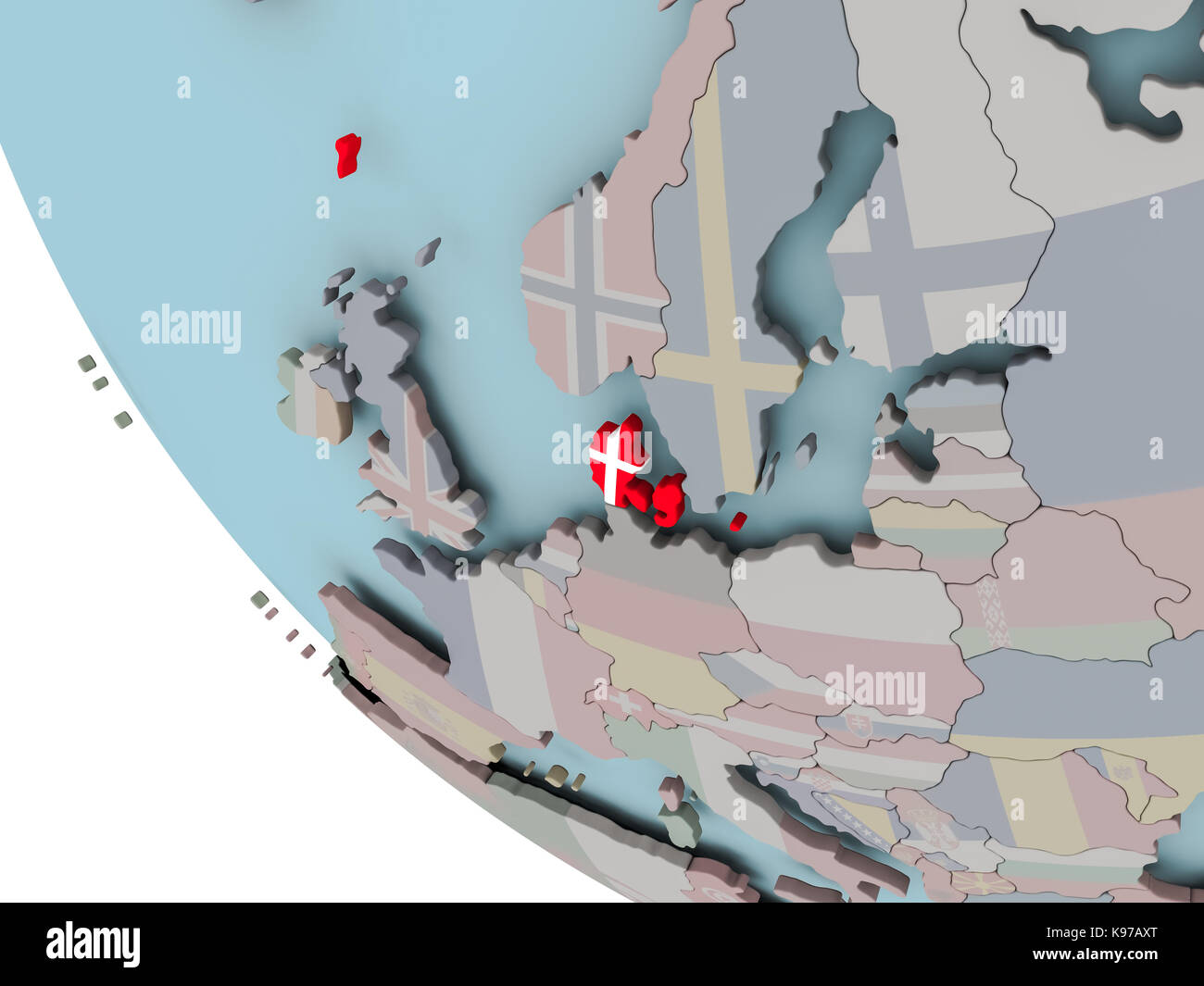 Map of Denmark on political globe with embedded flags. 3D illustration ...