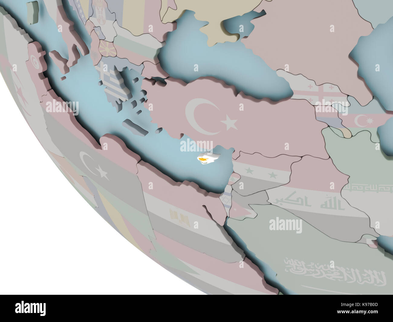Map of Cyprus on political globe with embedded flags. 3D illustration ...