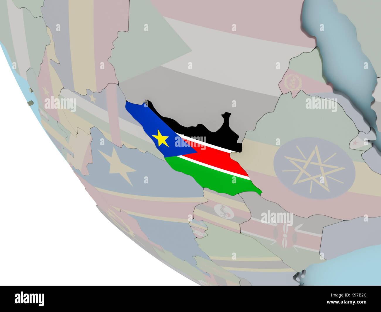 Map of South Sudan on political globe with embedded flags. 3D ...
