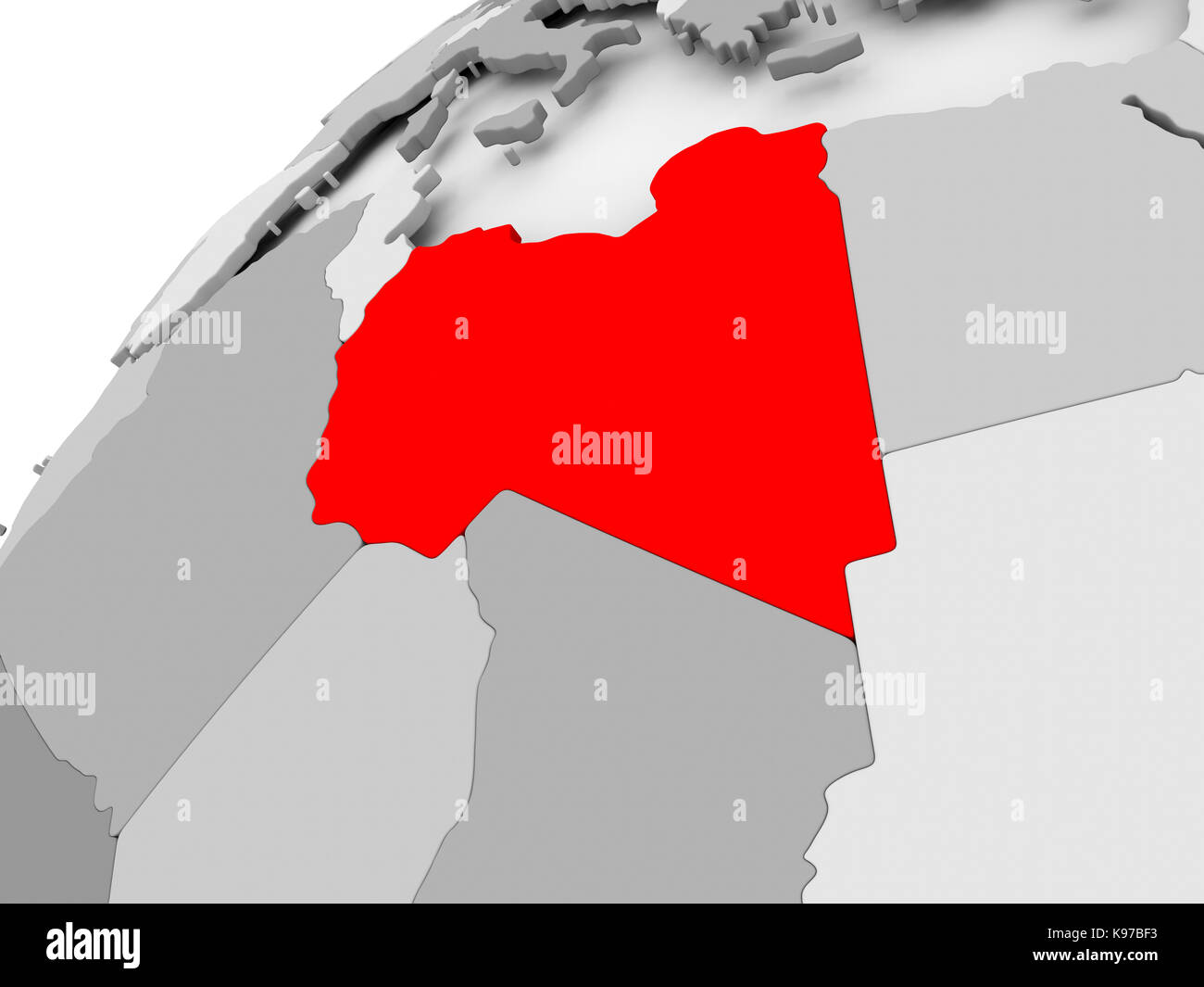 Map of Libya in red on grey political globe. 3D illustration Stock ...