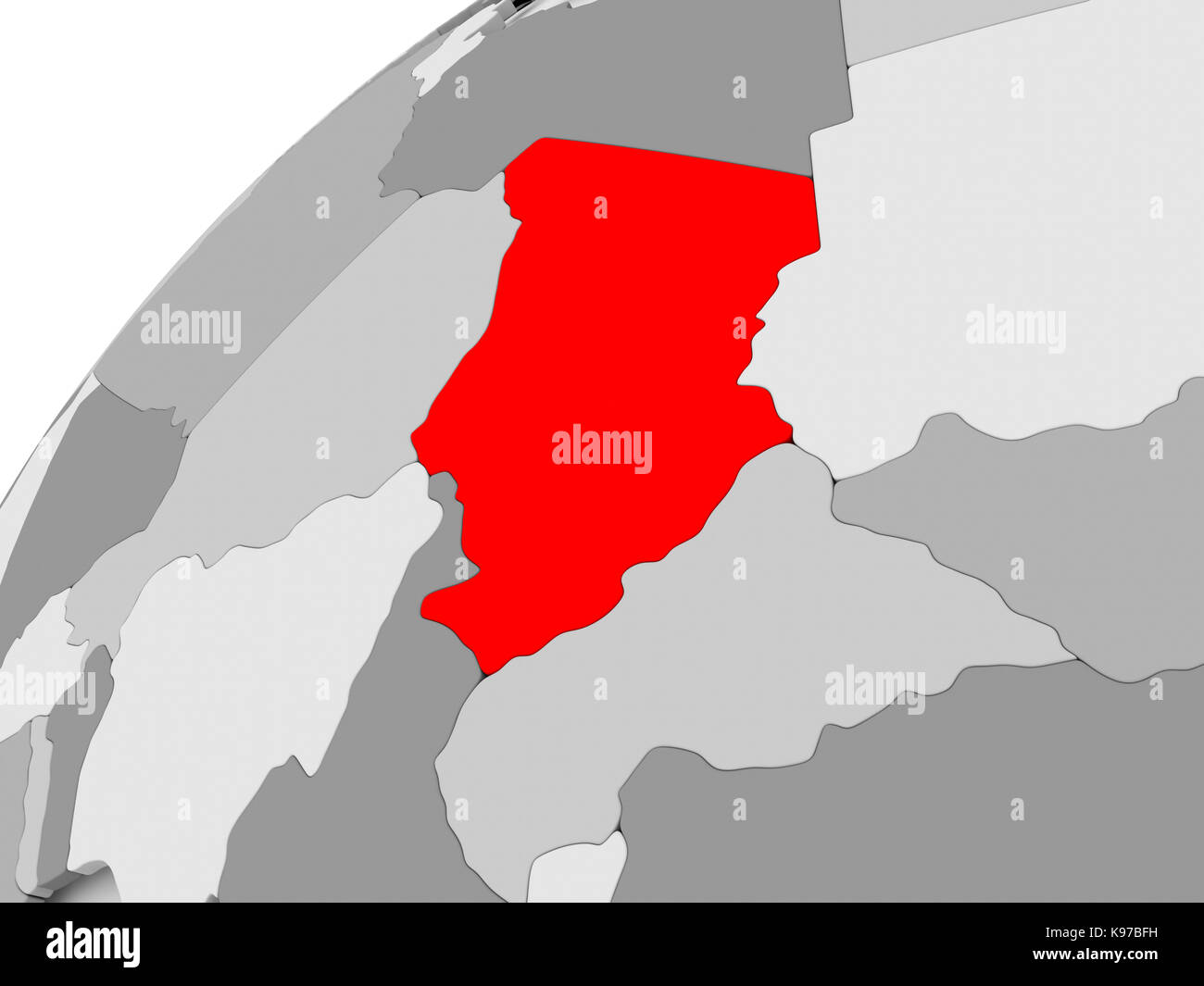 Map of Chad in red on grey political globe. 3D illustration Stock Photo ...