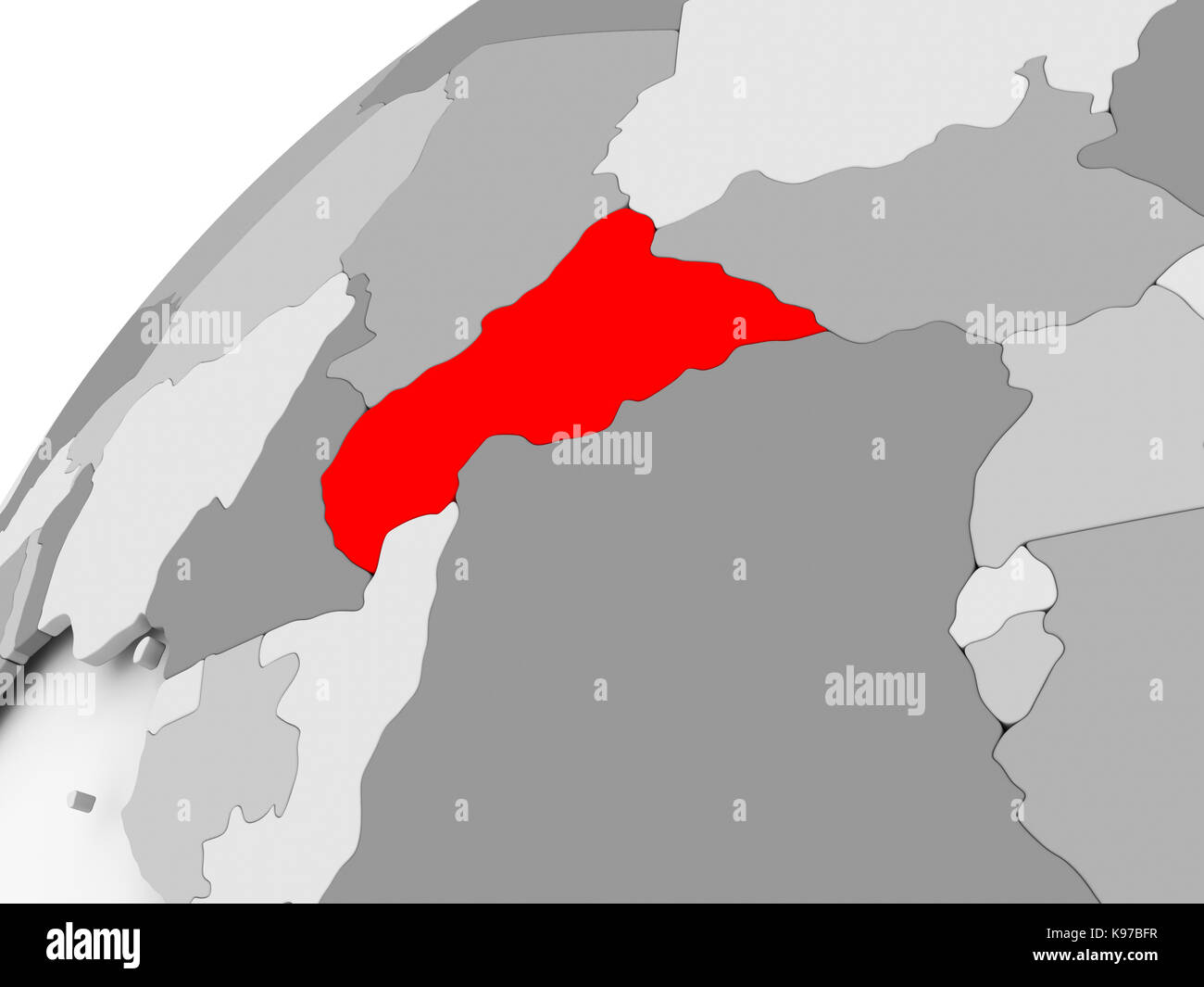 Map of Central Africa in red on grey political globe. 3D illustration ...