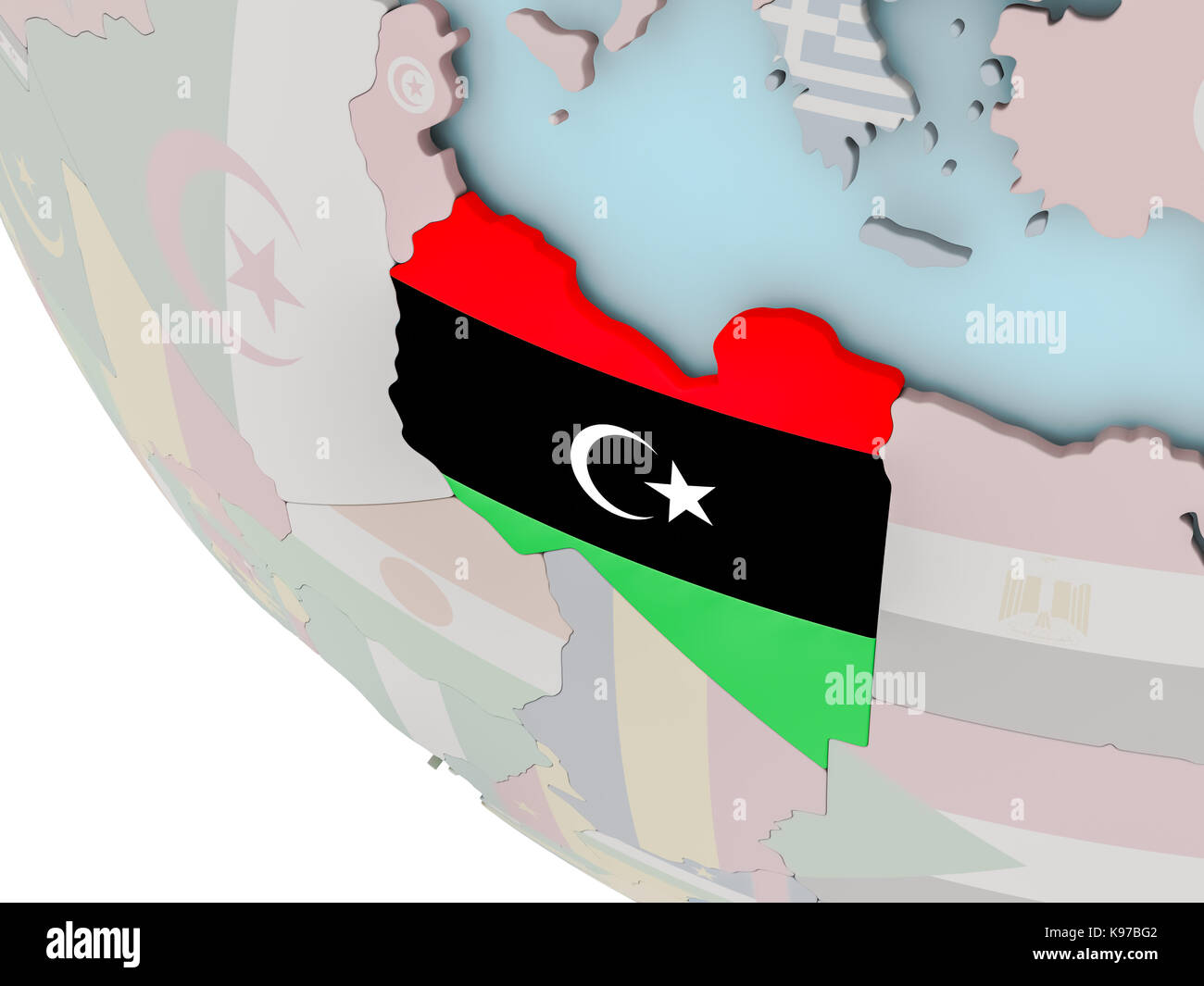 Map of Libya on political globe with embedded flags. 3D illustration ...