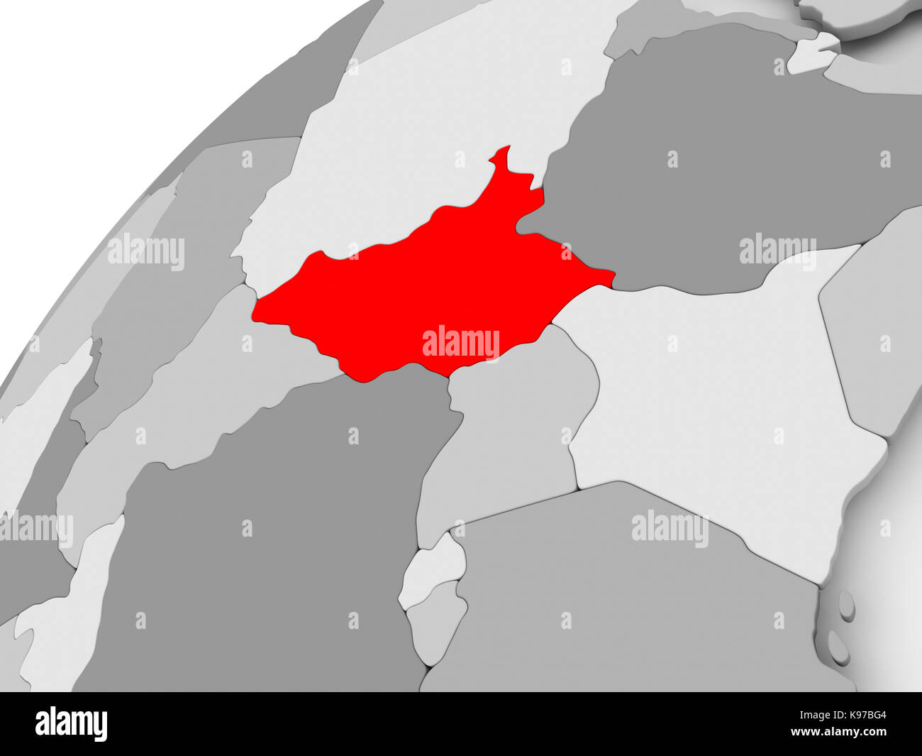 Map of South Sudan in red on grey political globe. 3D illustration ...