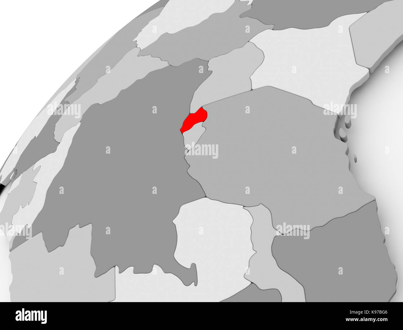 Map of Rwanda in red on grey political globe. 3D illustration Stock ...