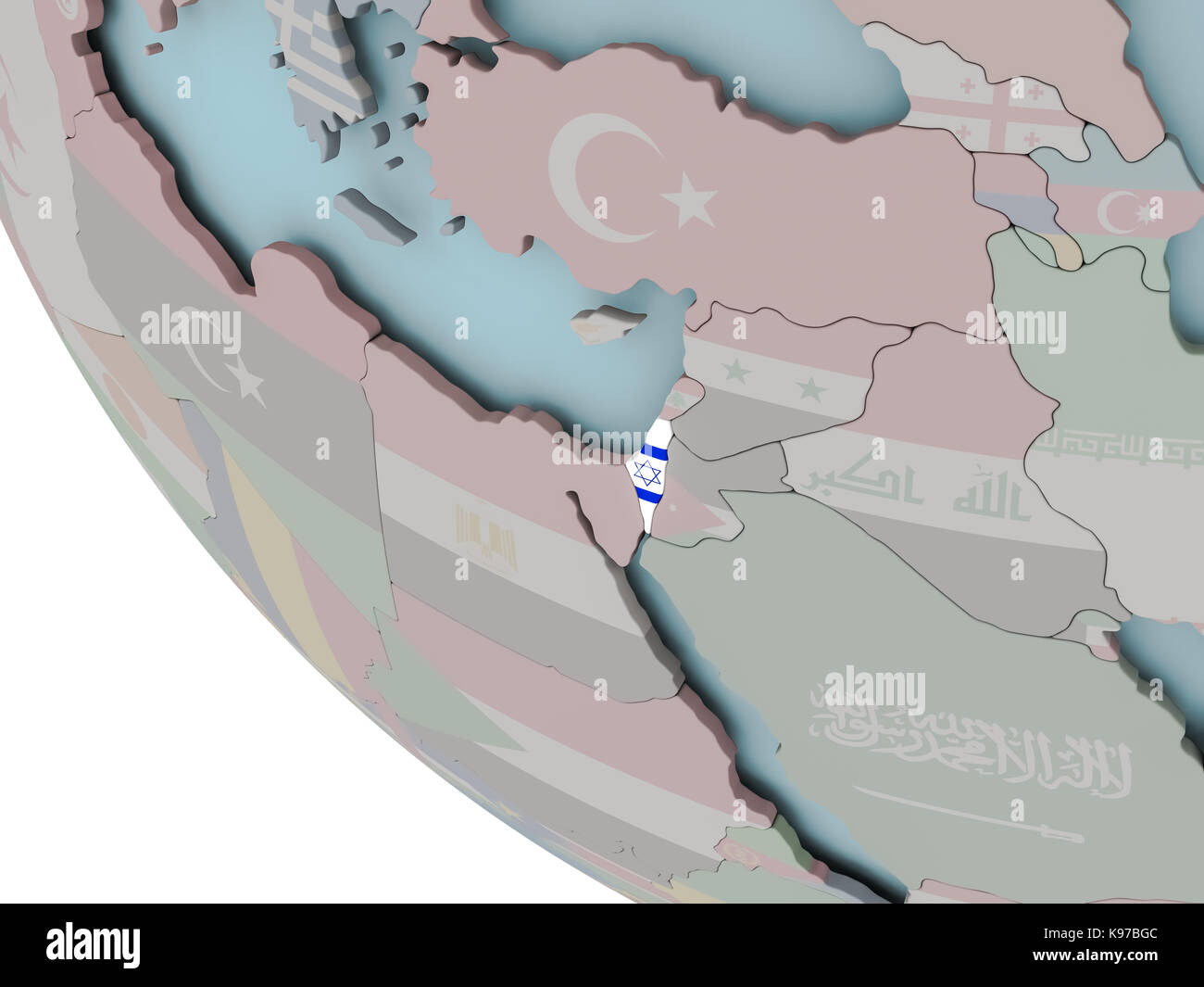 Map of Israel on political globe with embedded flags. 3D illustration ...