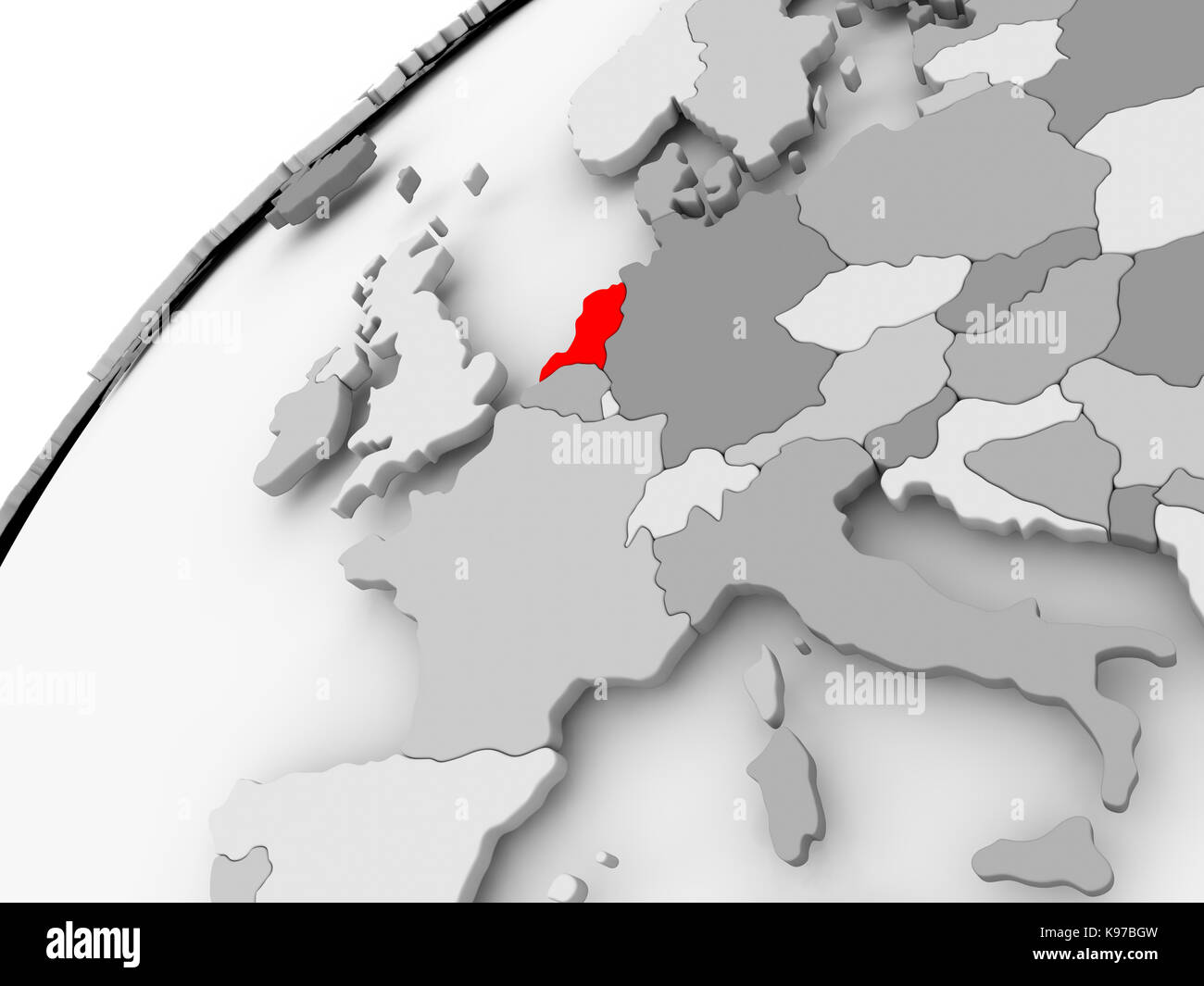 Map of Netherlands in red on grey political globe. 3D illustration ...