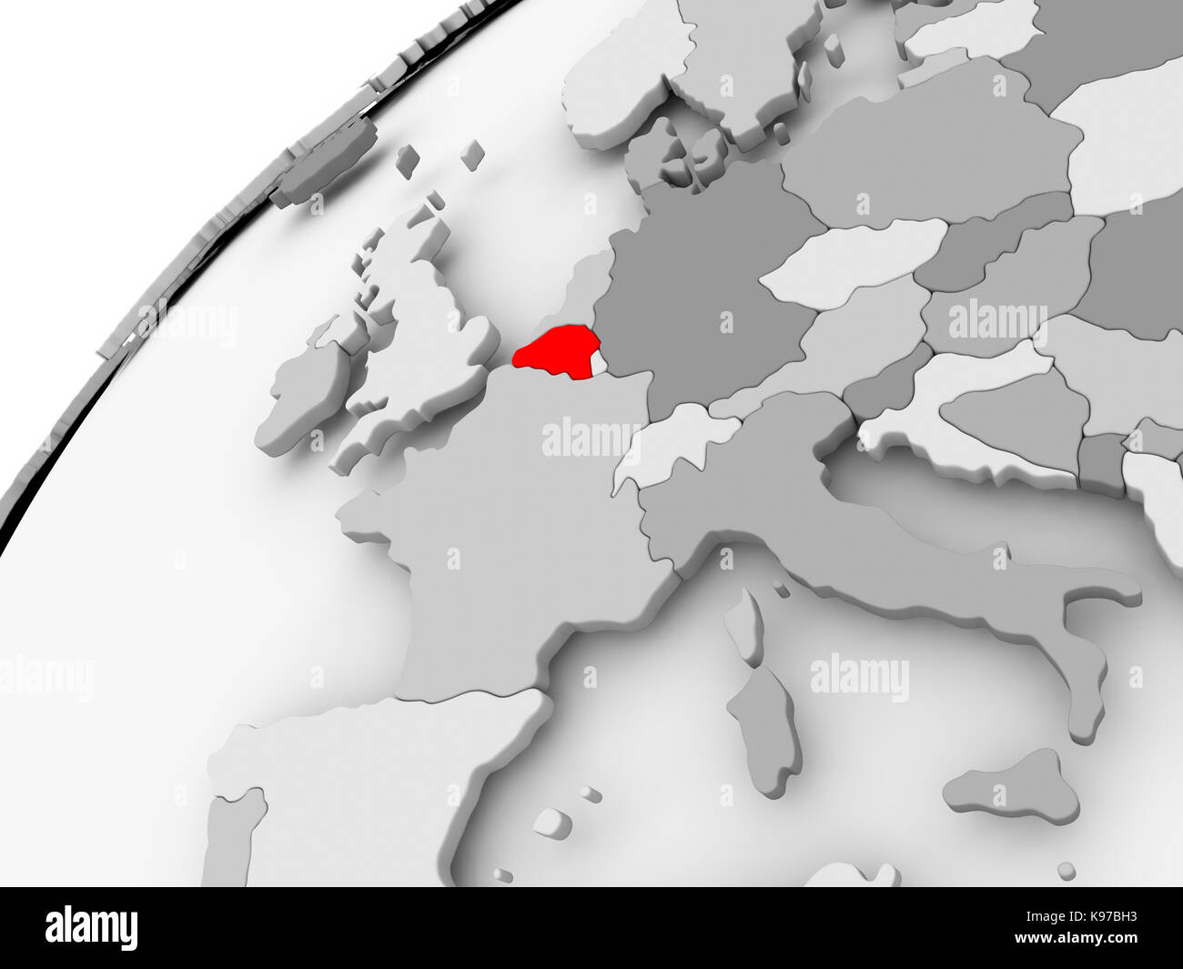 Map of Belgium in red on grey political globe. 3D illustration Stock ...
