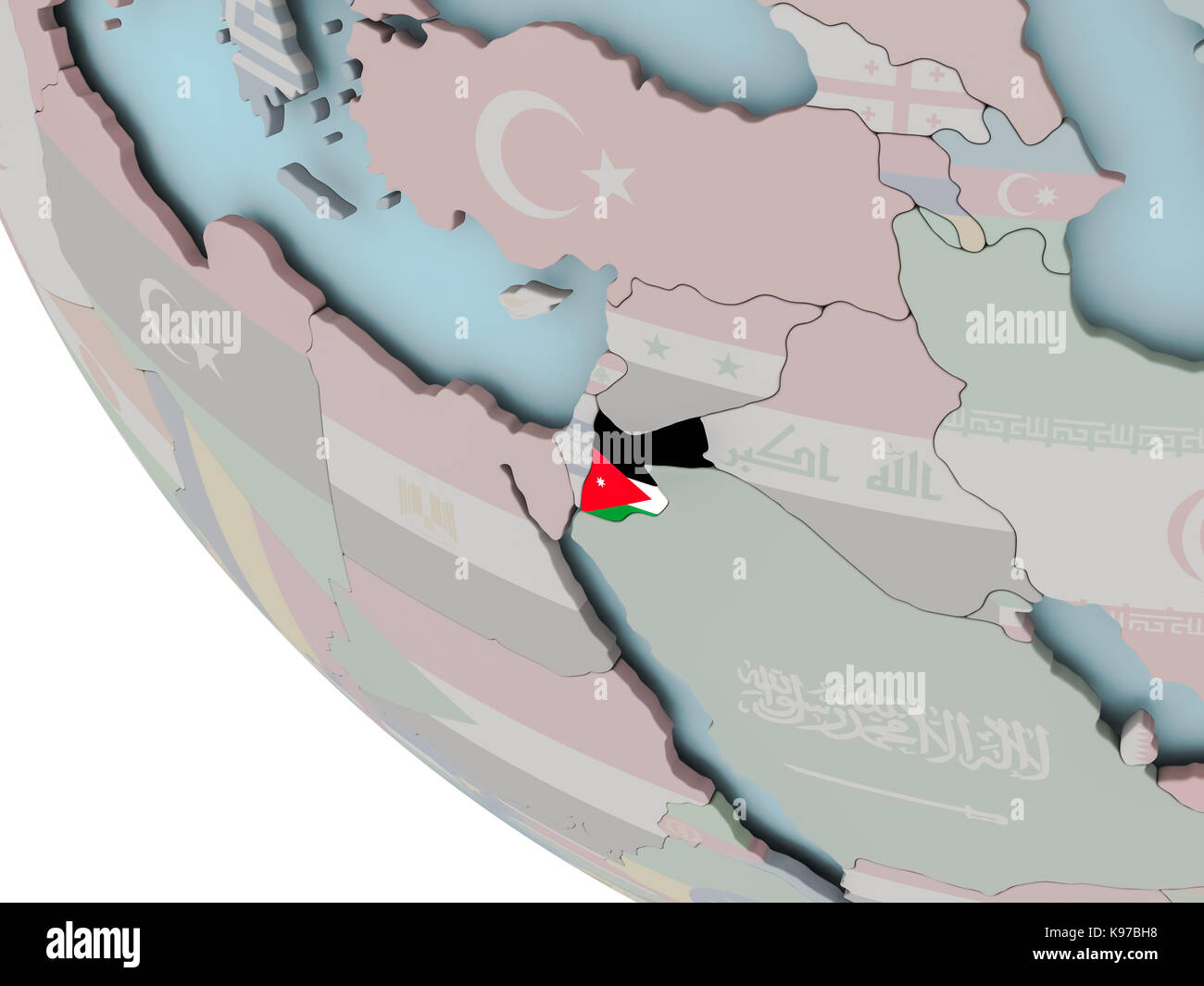 Map of Jordan on political globe with embedded flags. 3D illustration ...