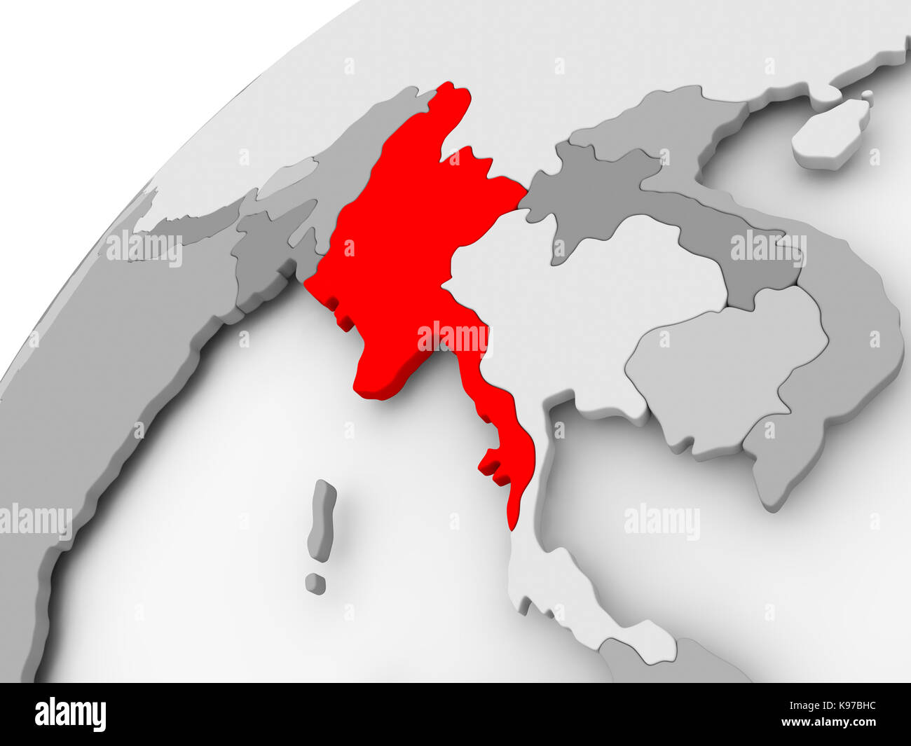Map of Myanmar in red on grey political globe. 3D illustration Stock ...