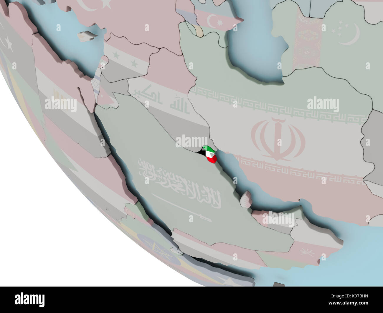 Map of Kuwait on political globe with embedded flags. 3D illustration ...