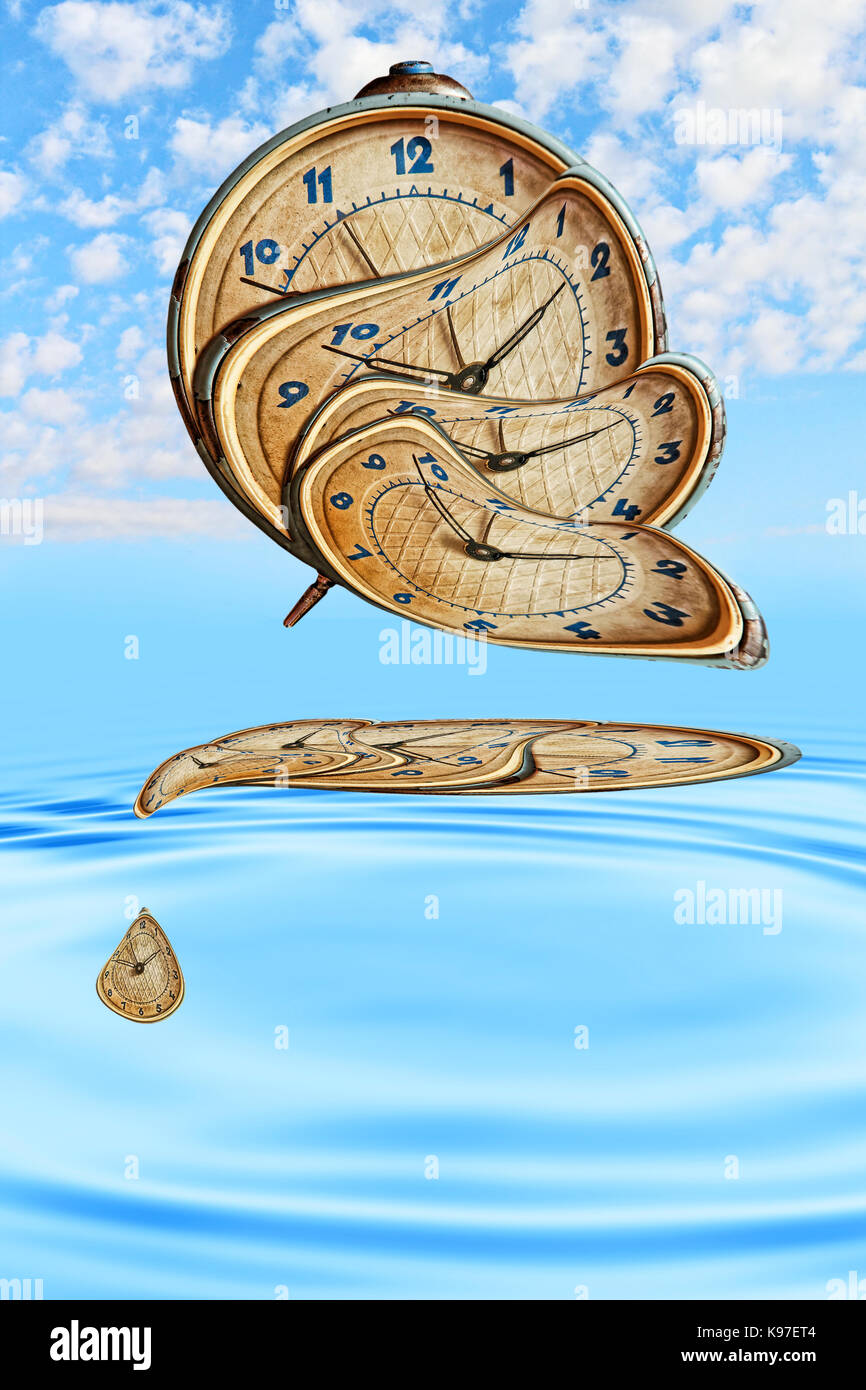 Liquid and flexible time concept.Surreal Alarm clock transforming and ...