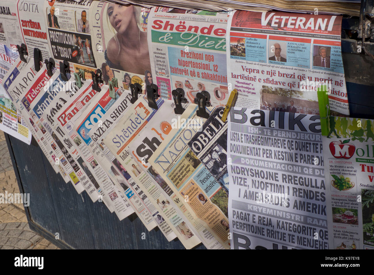 Newspaper and magazine kiosk in the streets in Tirana, Albania Stock ...