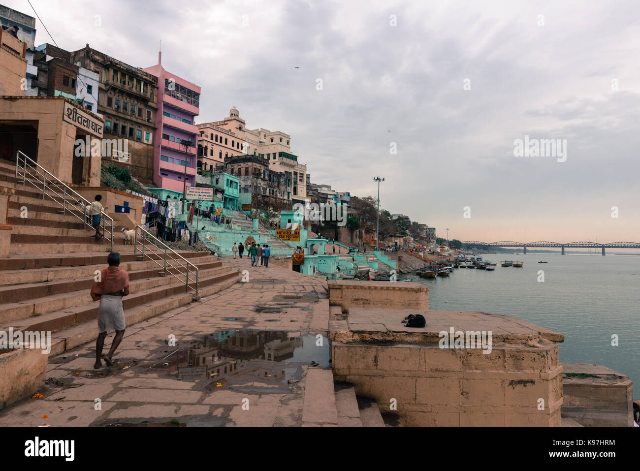 VARANASI, INDIA - MARCH 13, 2016: Wide angle picture of the stairs and ...