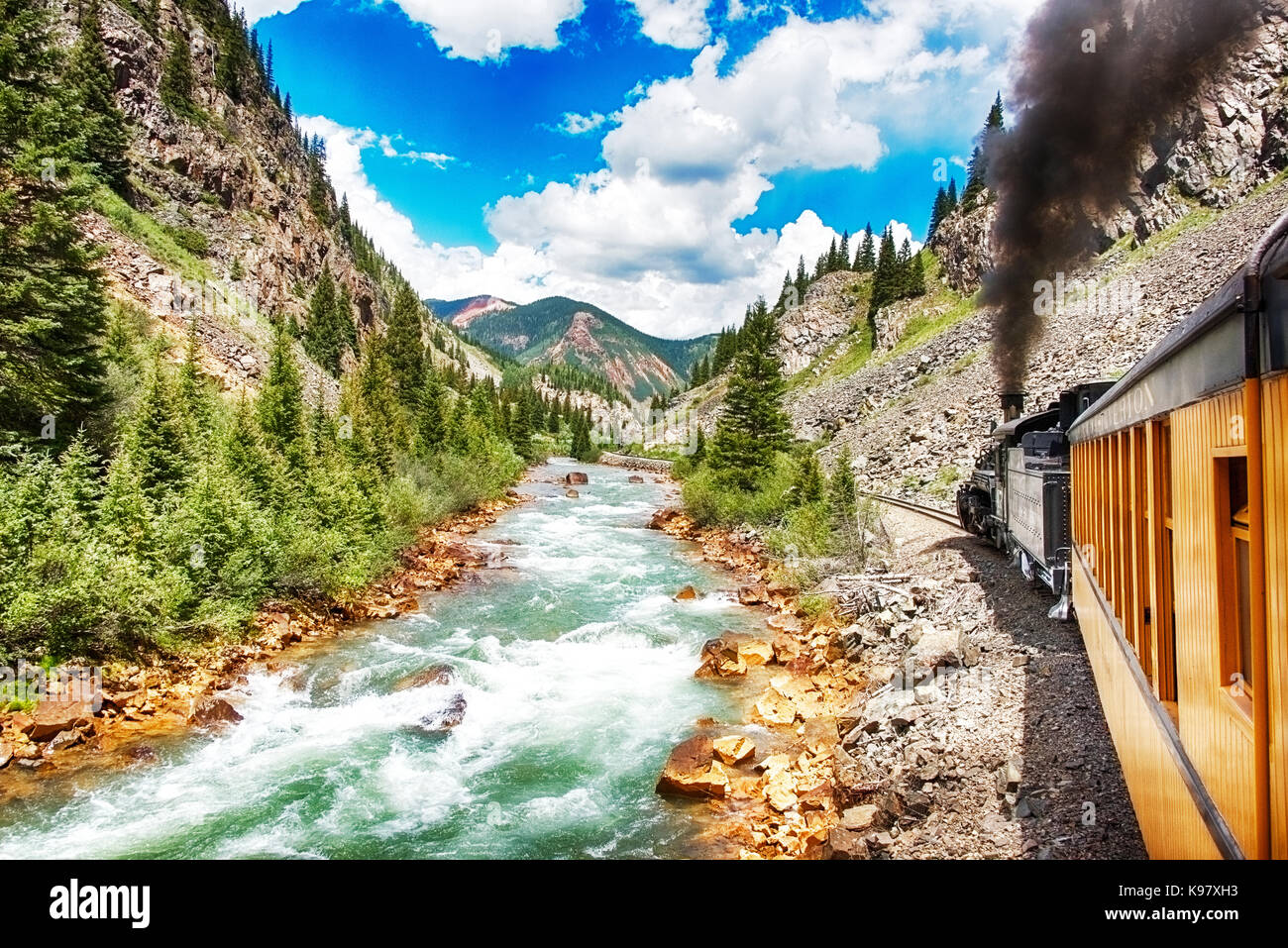Durango Steam Train by River Stock Photo - Alamy