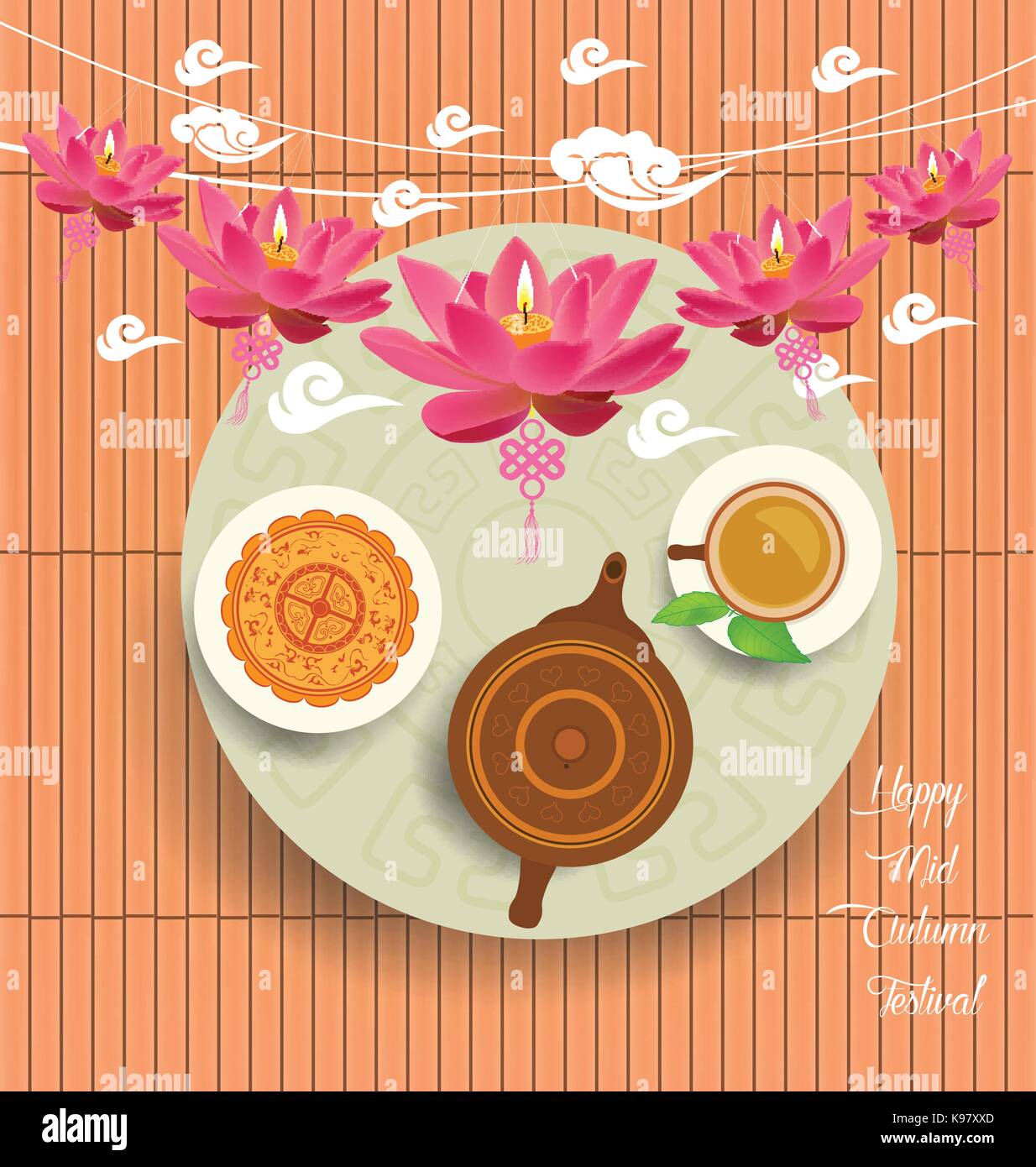 Chinese moon cake and green tea for Mid autumn festival. Tea pot, tea ...