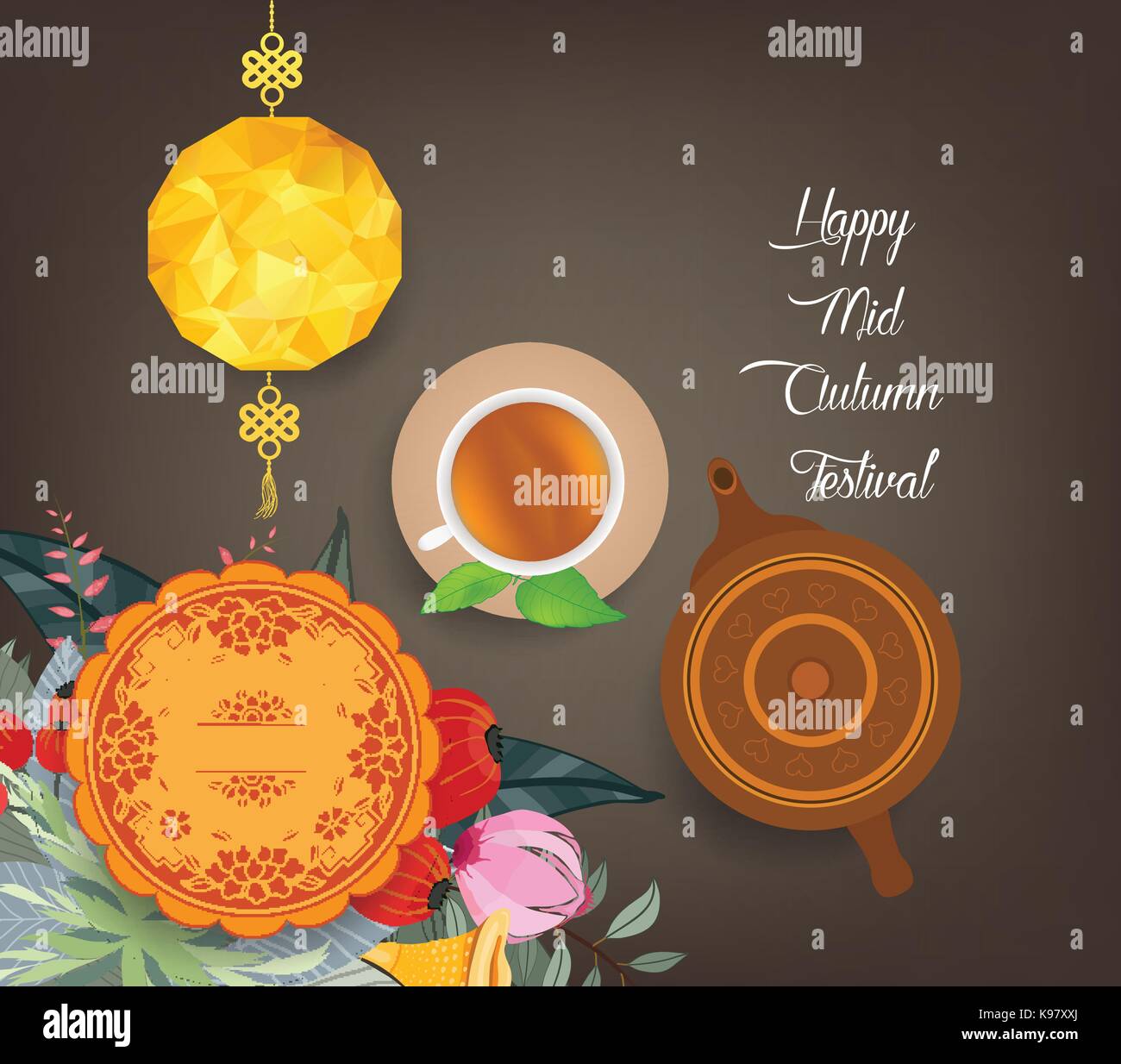 Chinese moon cake and green tea for Mid autumn festival. Tea pot, tea ...