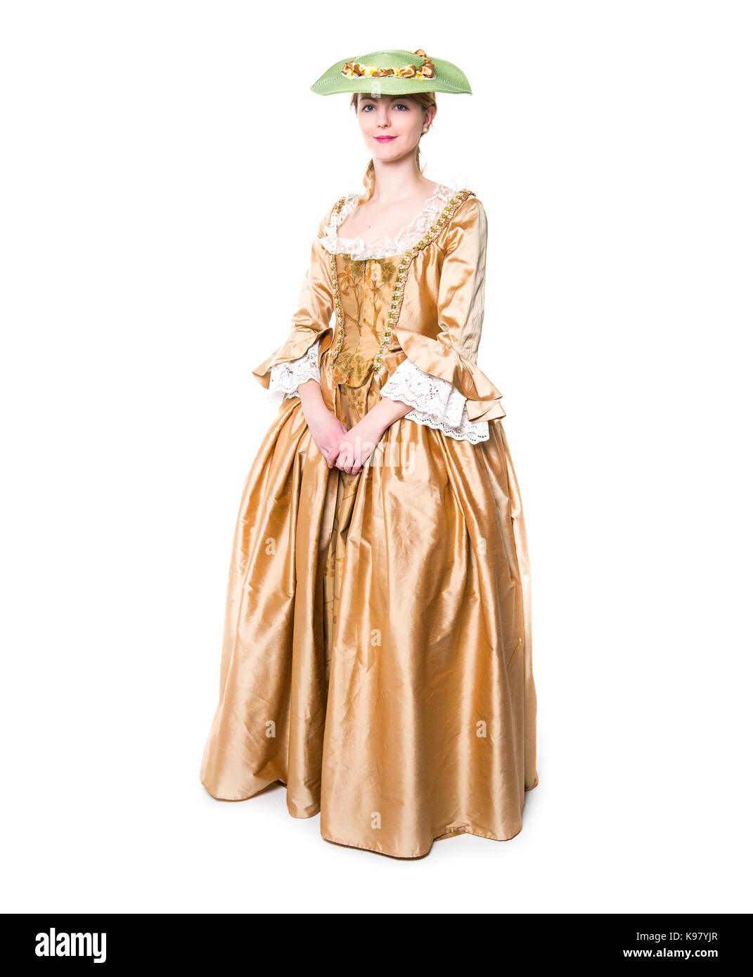 Young beautiful woman in long medieval dress isolated on white Stock ...