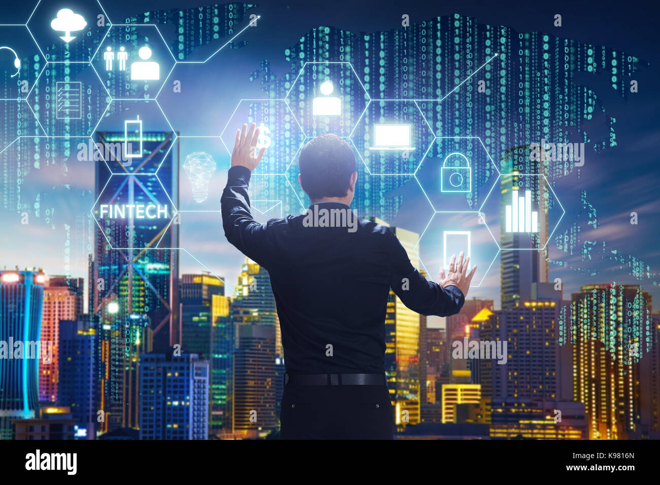 Back view of a businessman touching "Money" sign on digital virtual ...