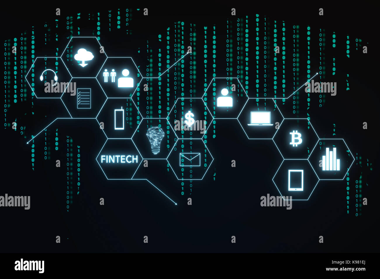 Fintech icon and internet of things with matrix code background ...