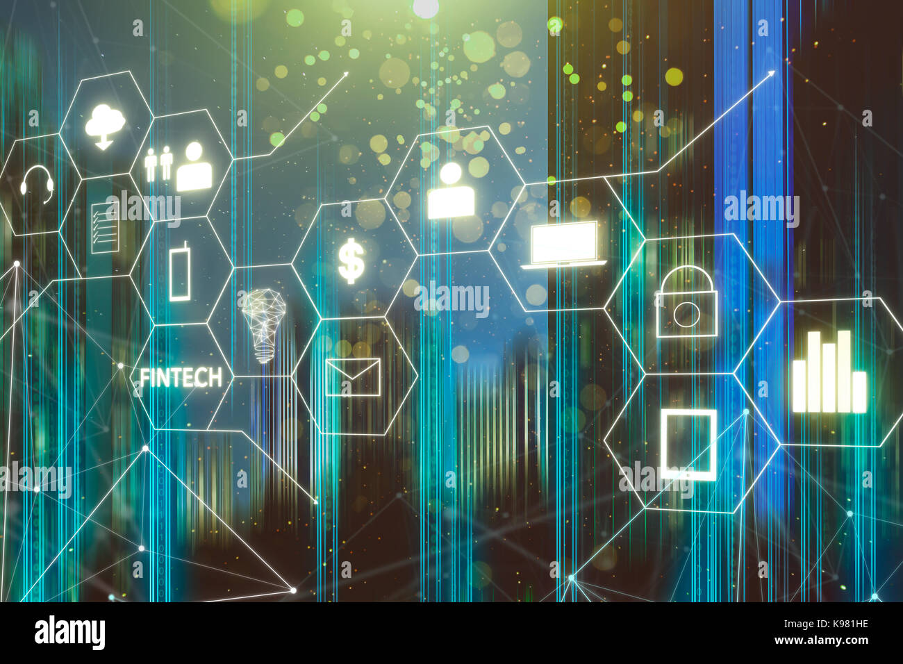 Fintech icon and internet of things with matrix code background ...