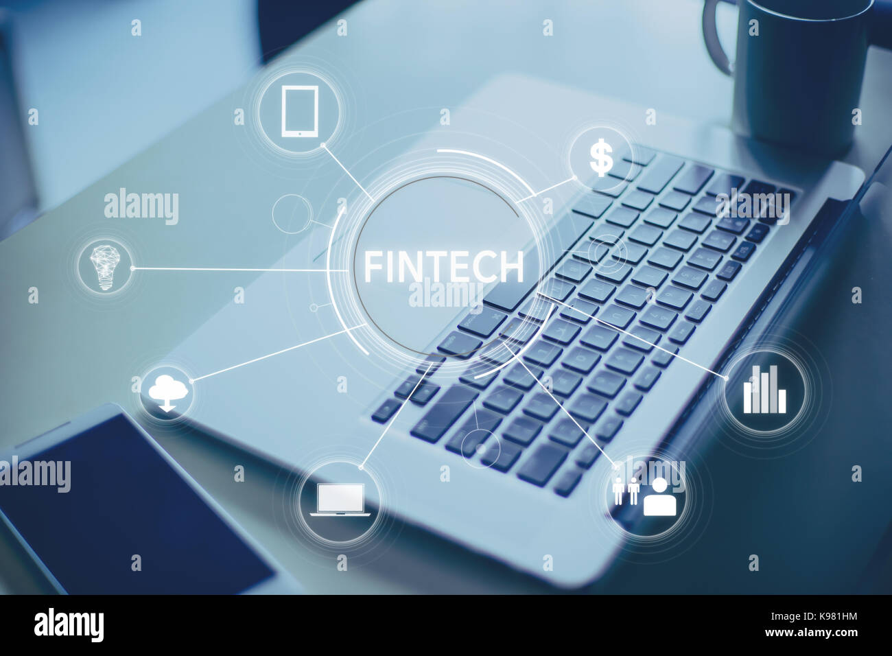 Fntech icon and internet of things with matrix code background ...