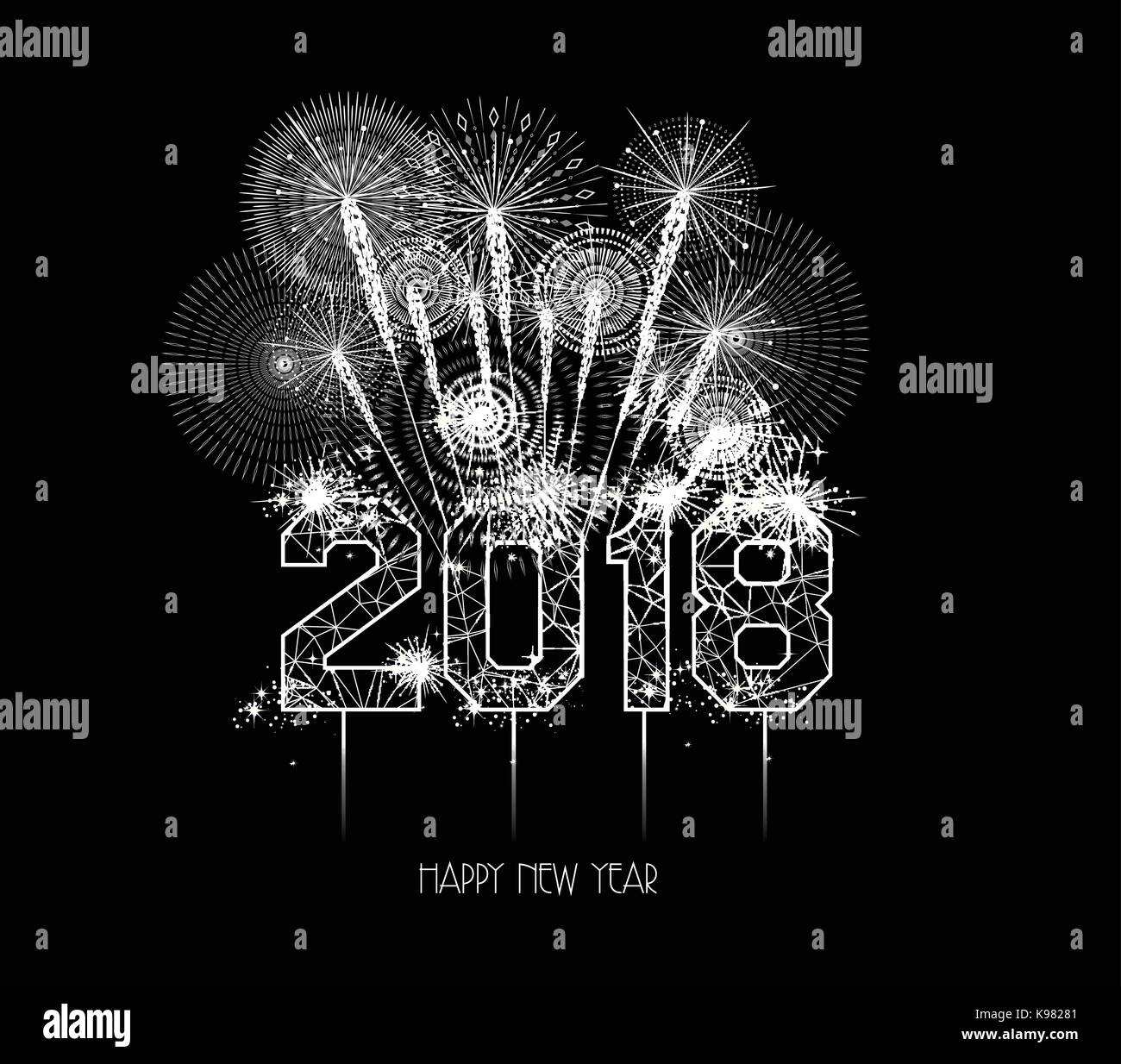 New Years 2018 polygonal line and fireworks background Stock Vector ...