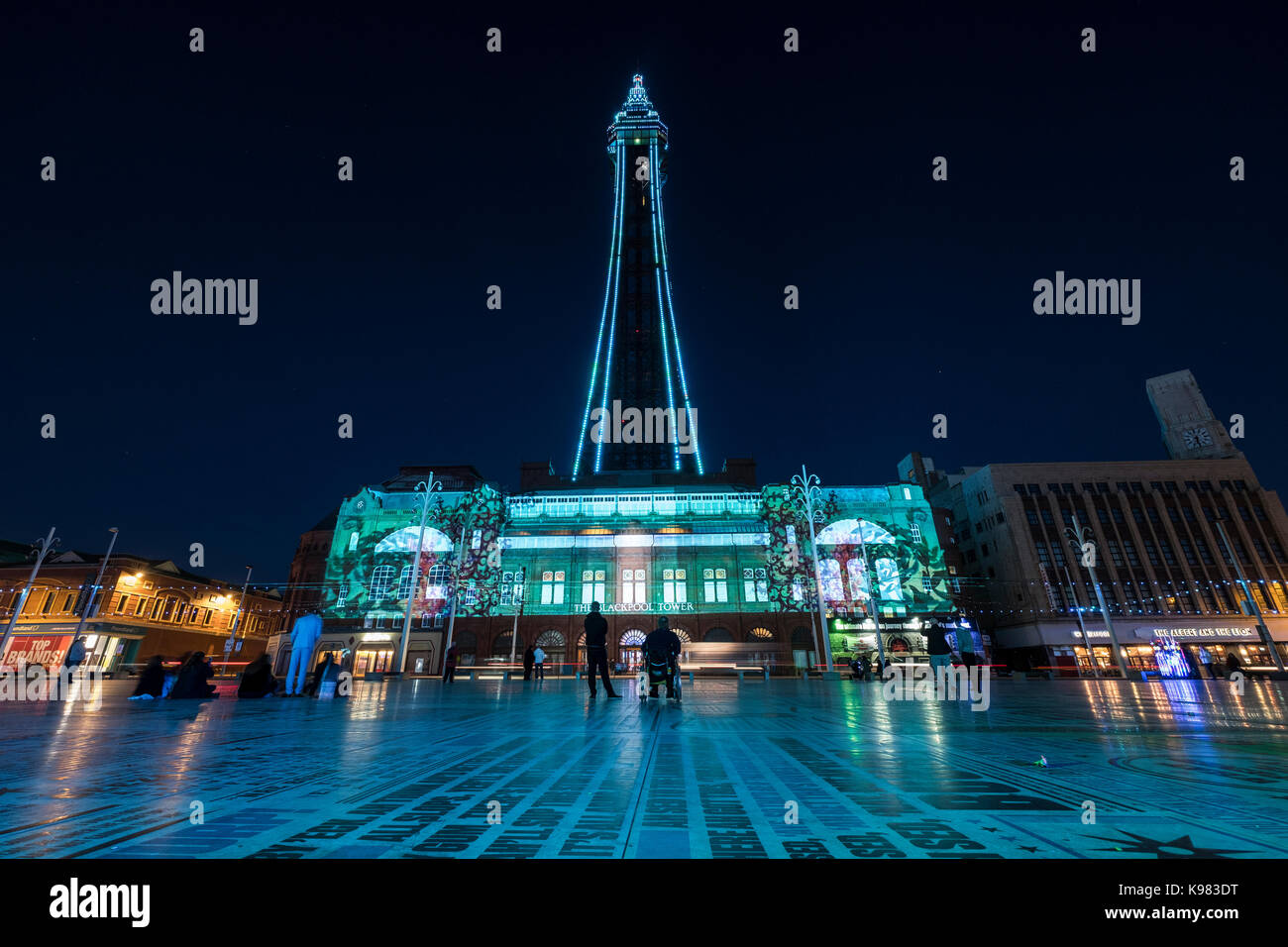 Blackpool Tower lit up at night during the Illuminations Stock Photo ...