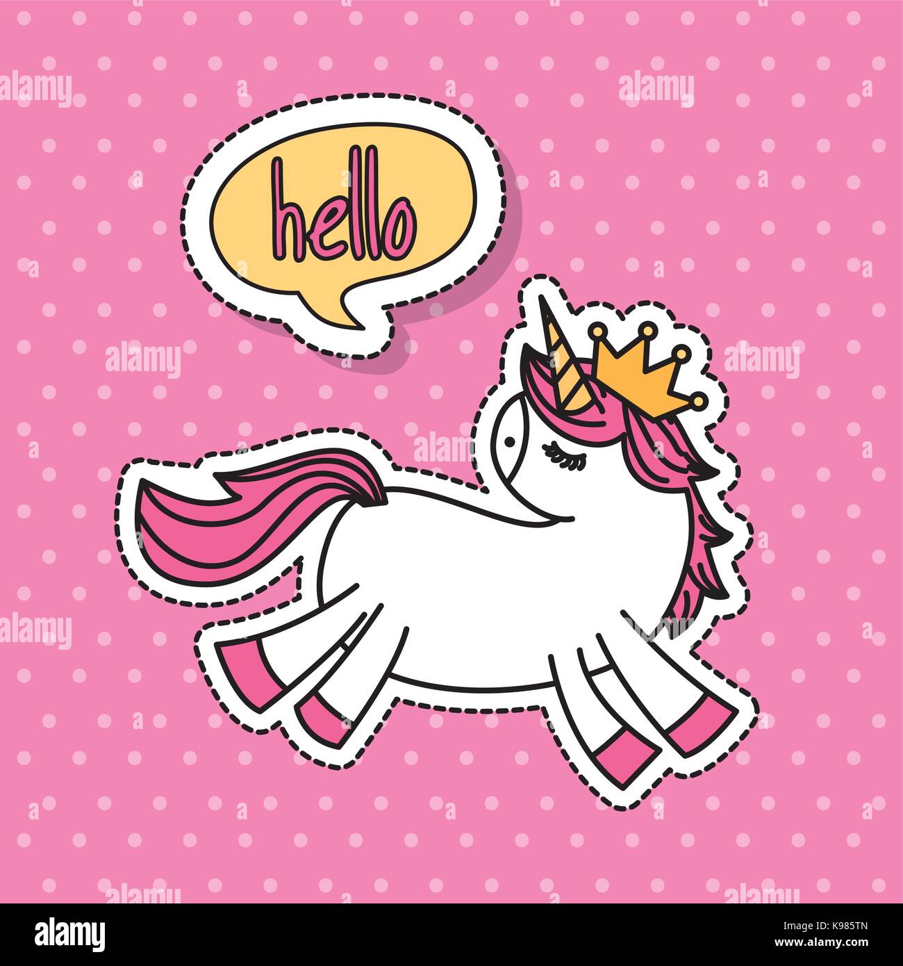 cute unicorn fantasy speech bubble hello dots background Stock Vector ...