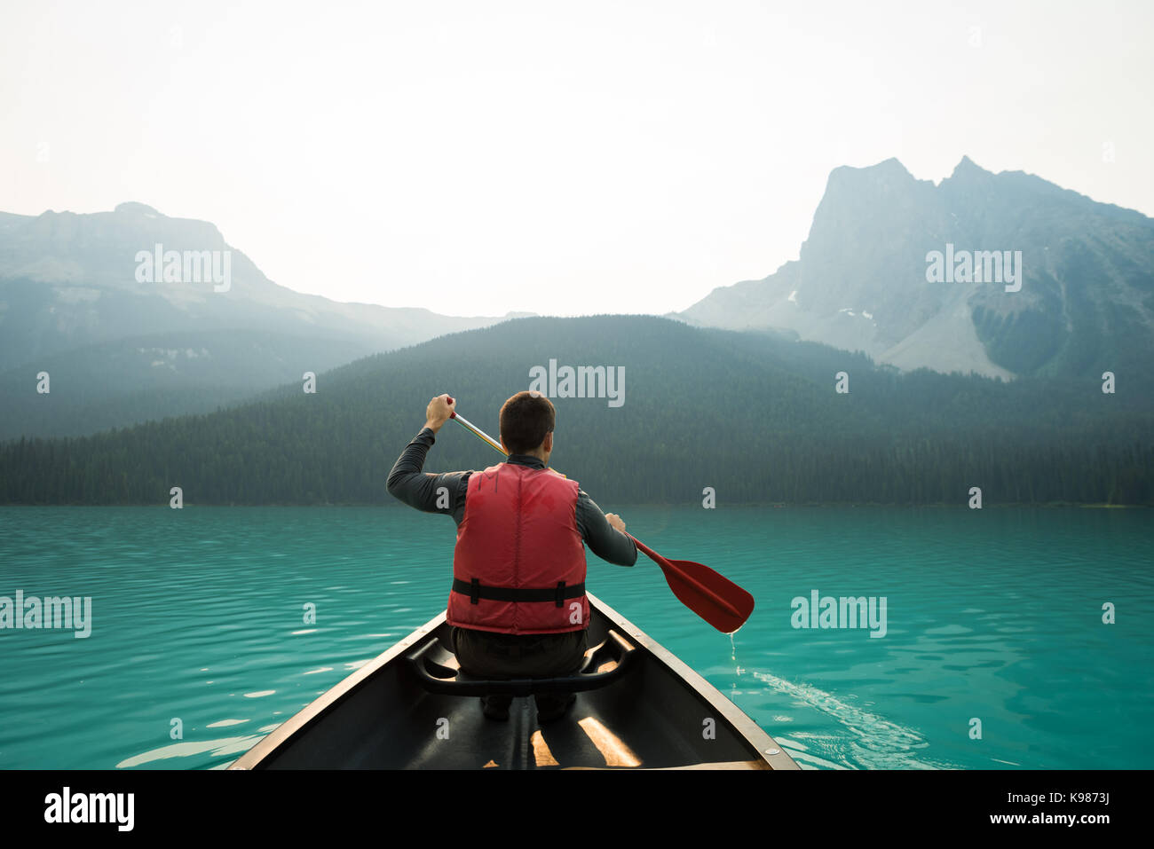 Rear view of man kayaking in lake Stock Photo - Alamy