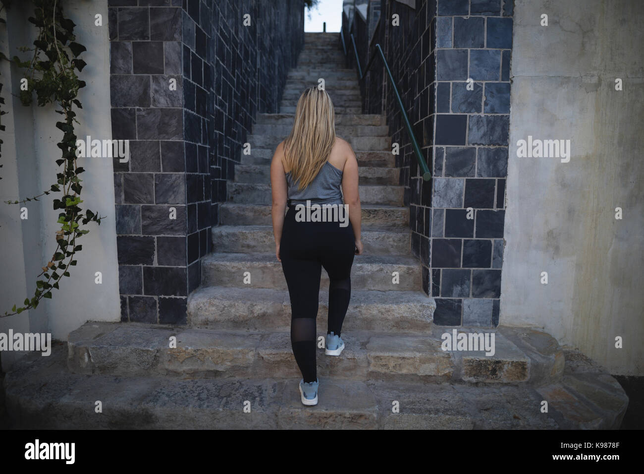 Rear view of young woman moving up on steps Stock Photo - Alamy