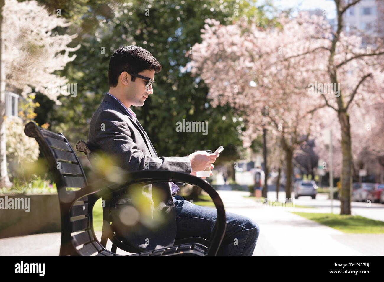 Businessman using mobile phone on bench in park Stock Photo - Alamy