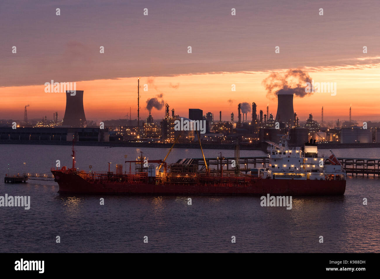 Dawn over the industrial skyline of the Humber Estuary near the city of ...