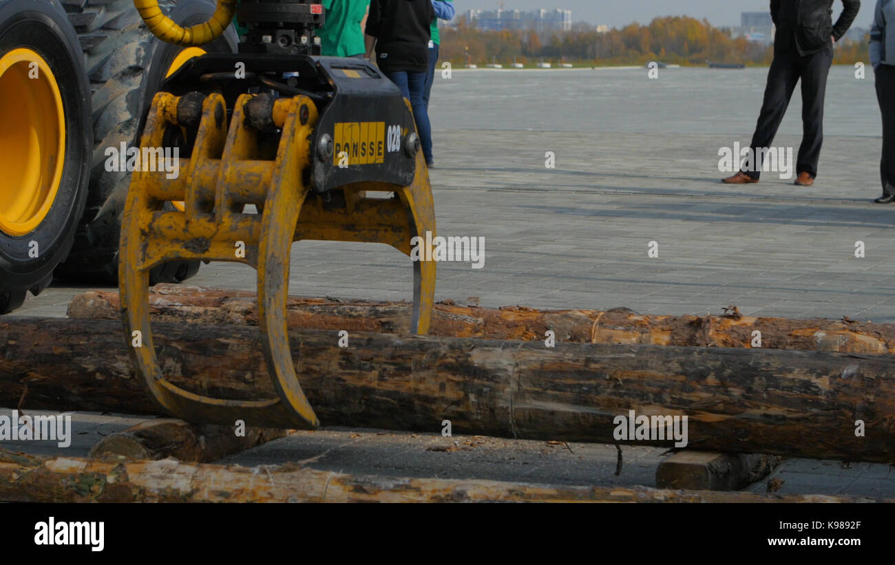 Log loader or forestry machine moves fresh cut logs for loading Stock ...