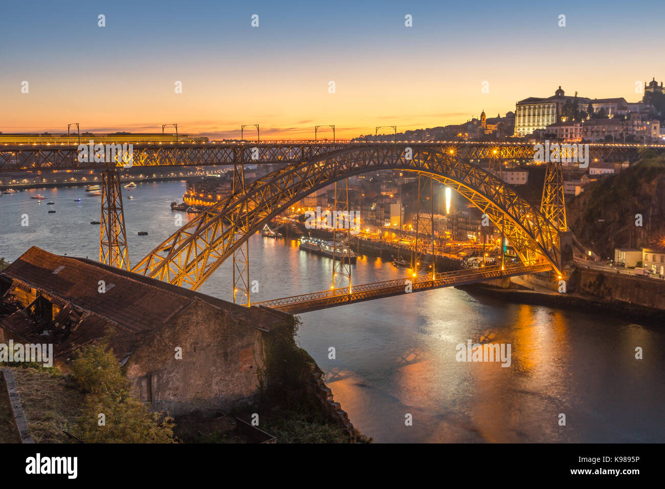 Panorama view of porto with dom luis bridge at twilight time,Portugal ...
