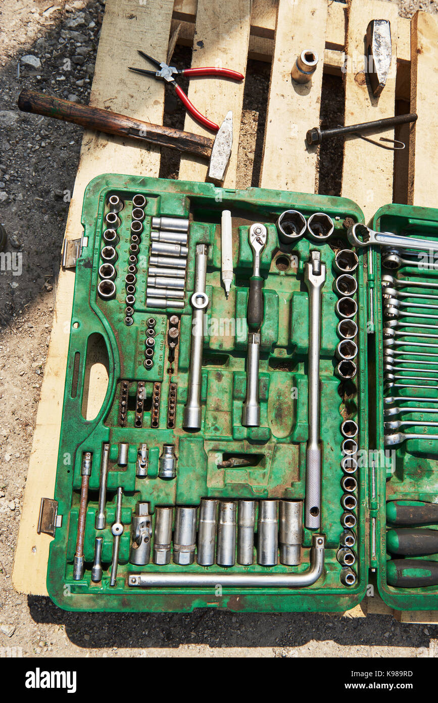 a lot of old instruments in tool box Stock Photo - Alamy