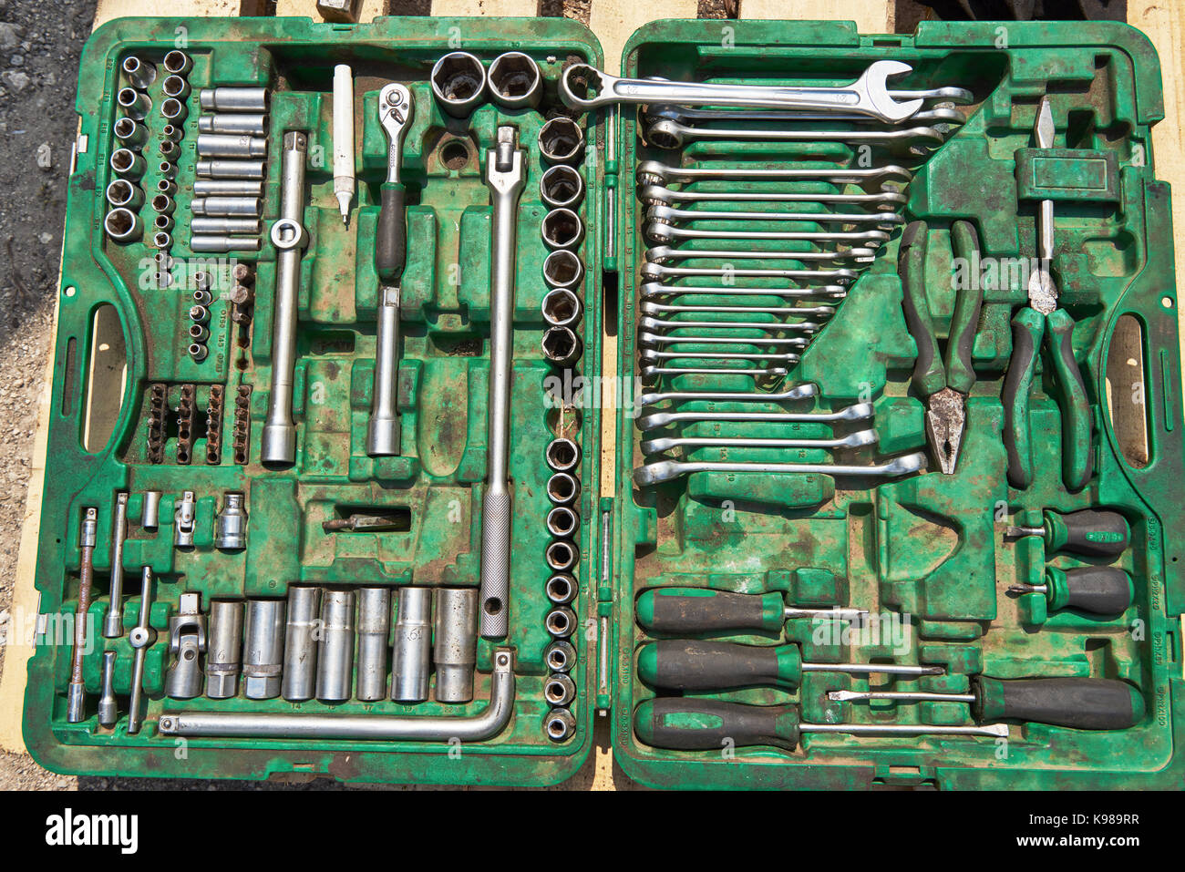 a lot of old instruments in tool box Stock Photo - Alamy