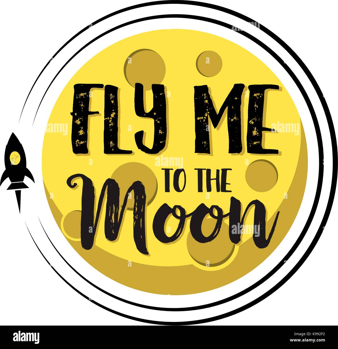 Rocket flies around moon text fly me around flat isolated background ...