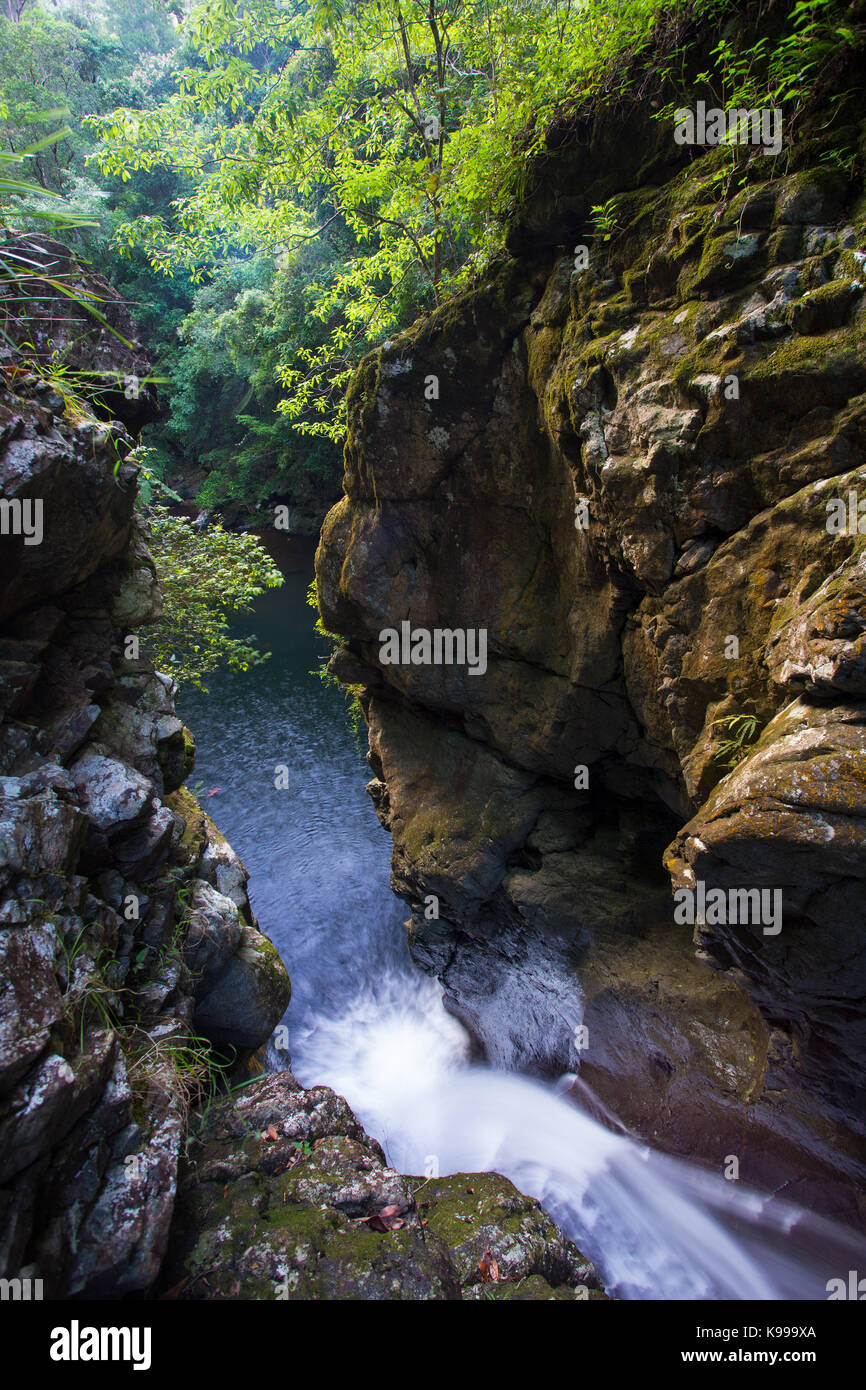 Water rushing in a stream above a waterfall, Potoroo Falls in Tapin ...