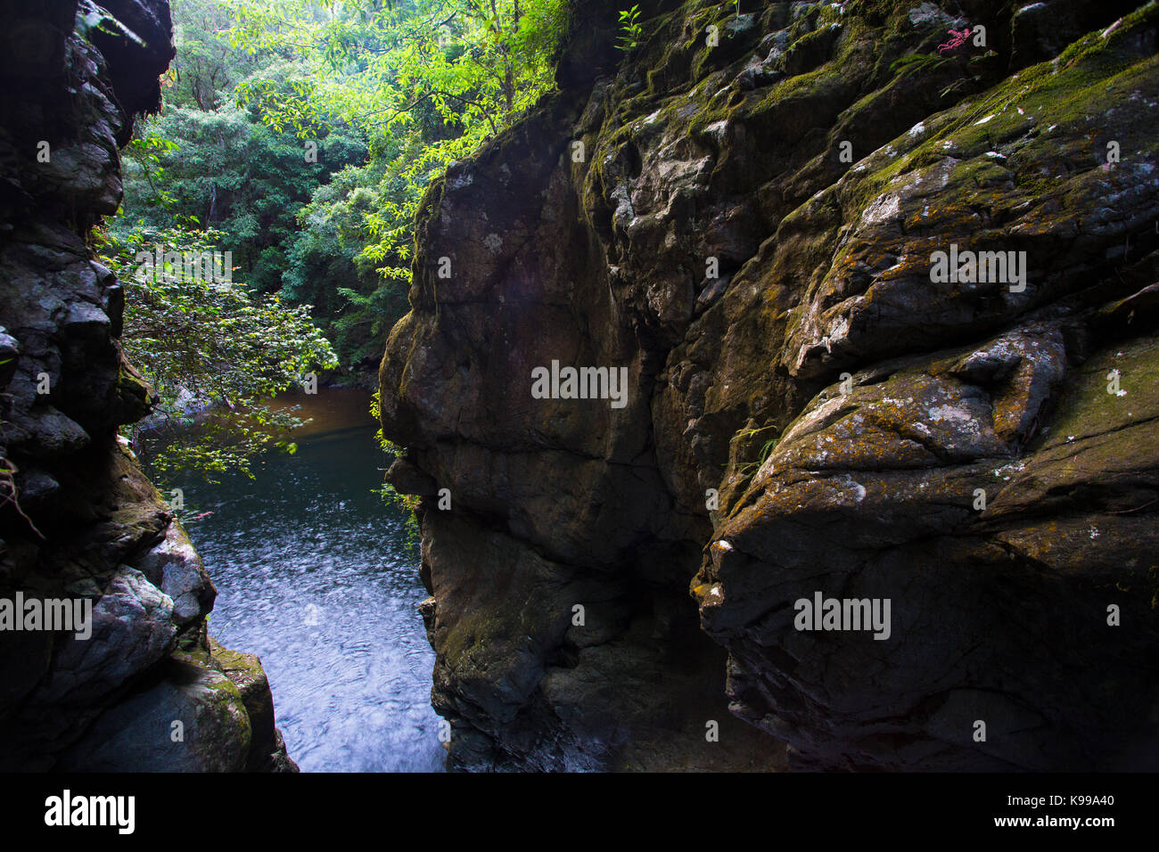 Water rushing in a stream above a waterfall, Potoroo Falls in Tapin ...