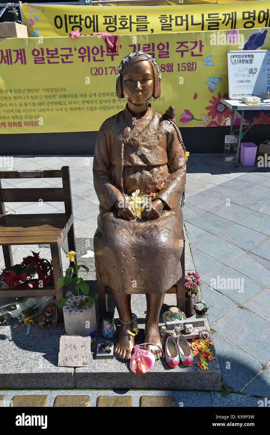 The comfort woman statue is seen in front of Japanese Embassy in Seoul ...