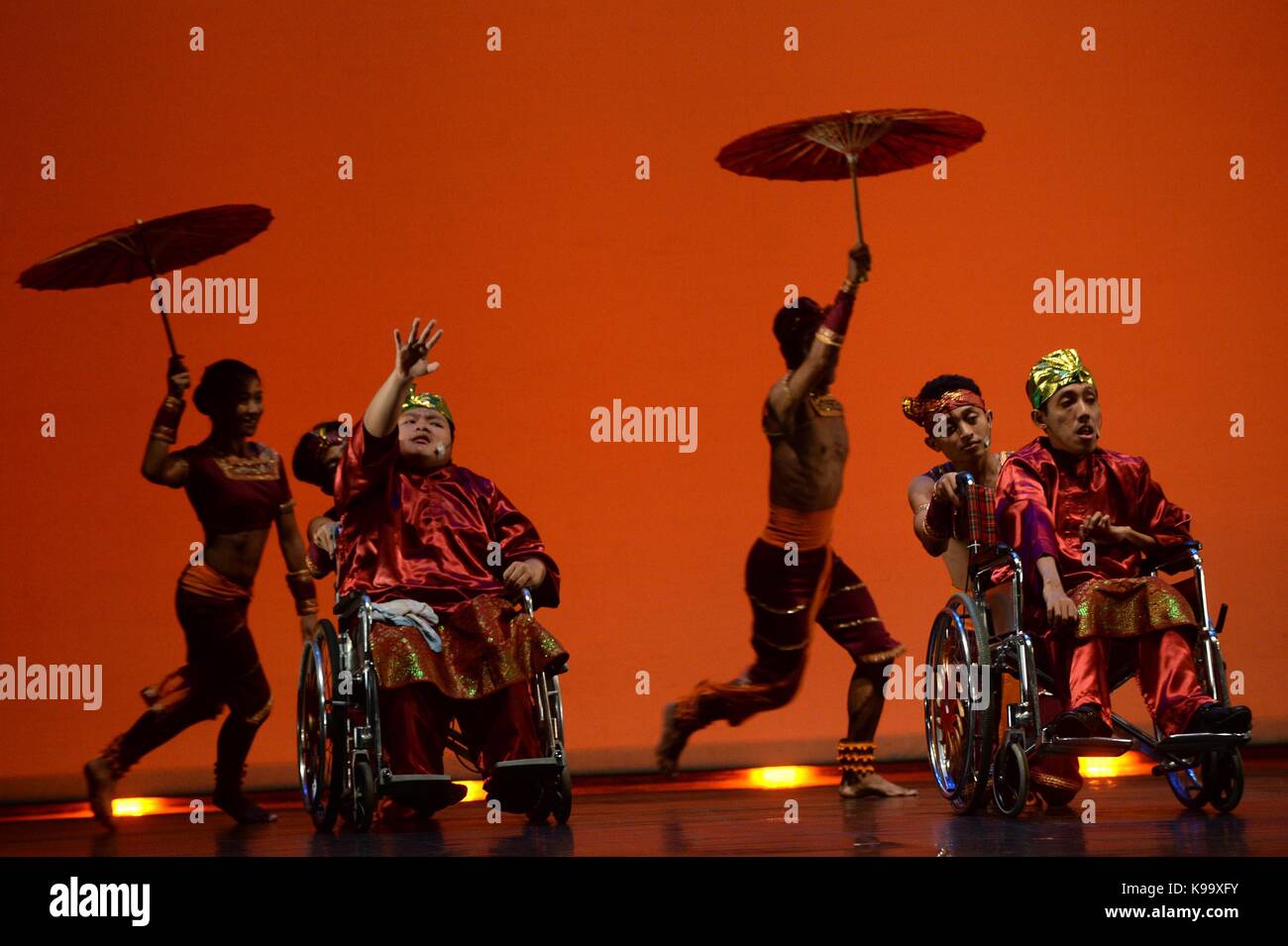 Jakarta. 22nd Sep, 2017. Dancers and disabled people perform together ...