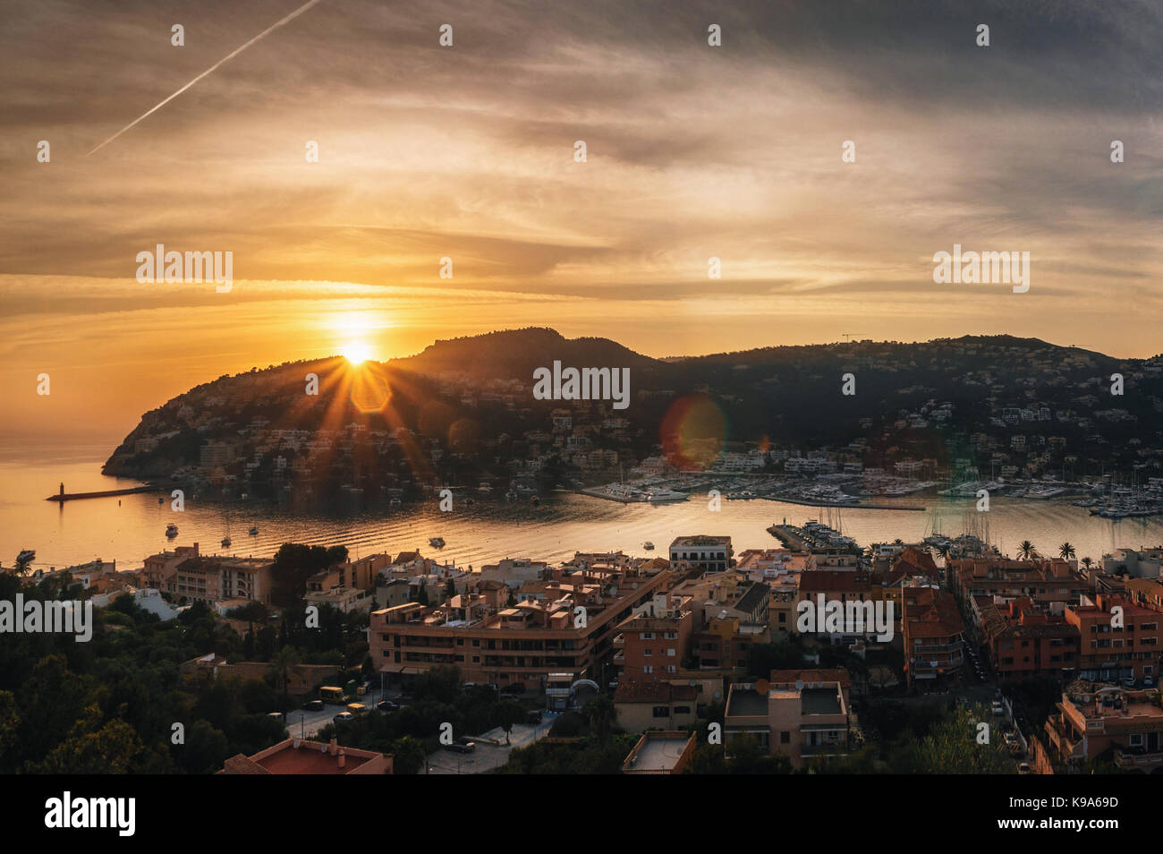 Panoramic view of Harbour of Port de Andratx at sunset, Mallorca ...