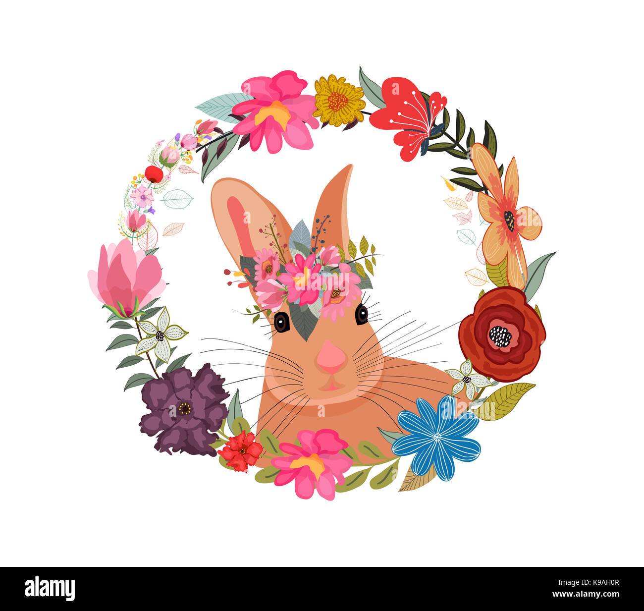 Cute card with lovely Rabbit with flowers. Rabbit in a wreath of ...