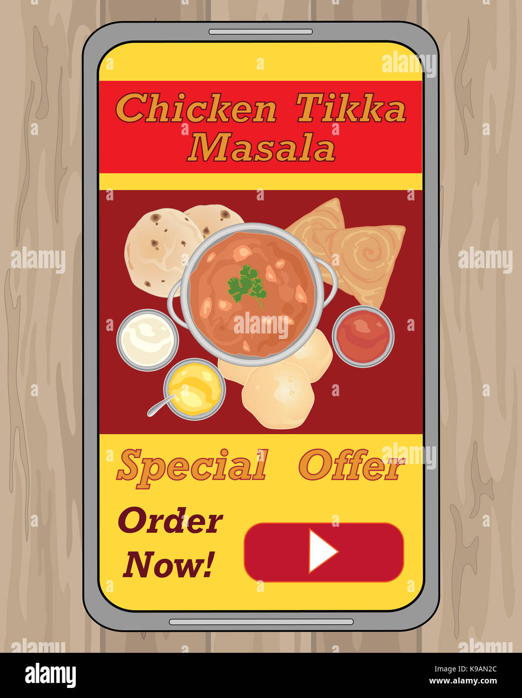 an illustration of an advert for indian food delivery on a modern phone ...
