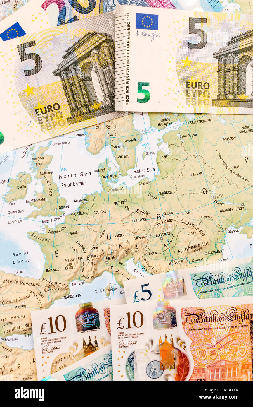 Europe. Map of Europe with 5 and 20 euro banknotes and British £5 and £ ...