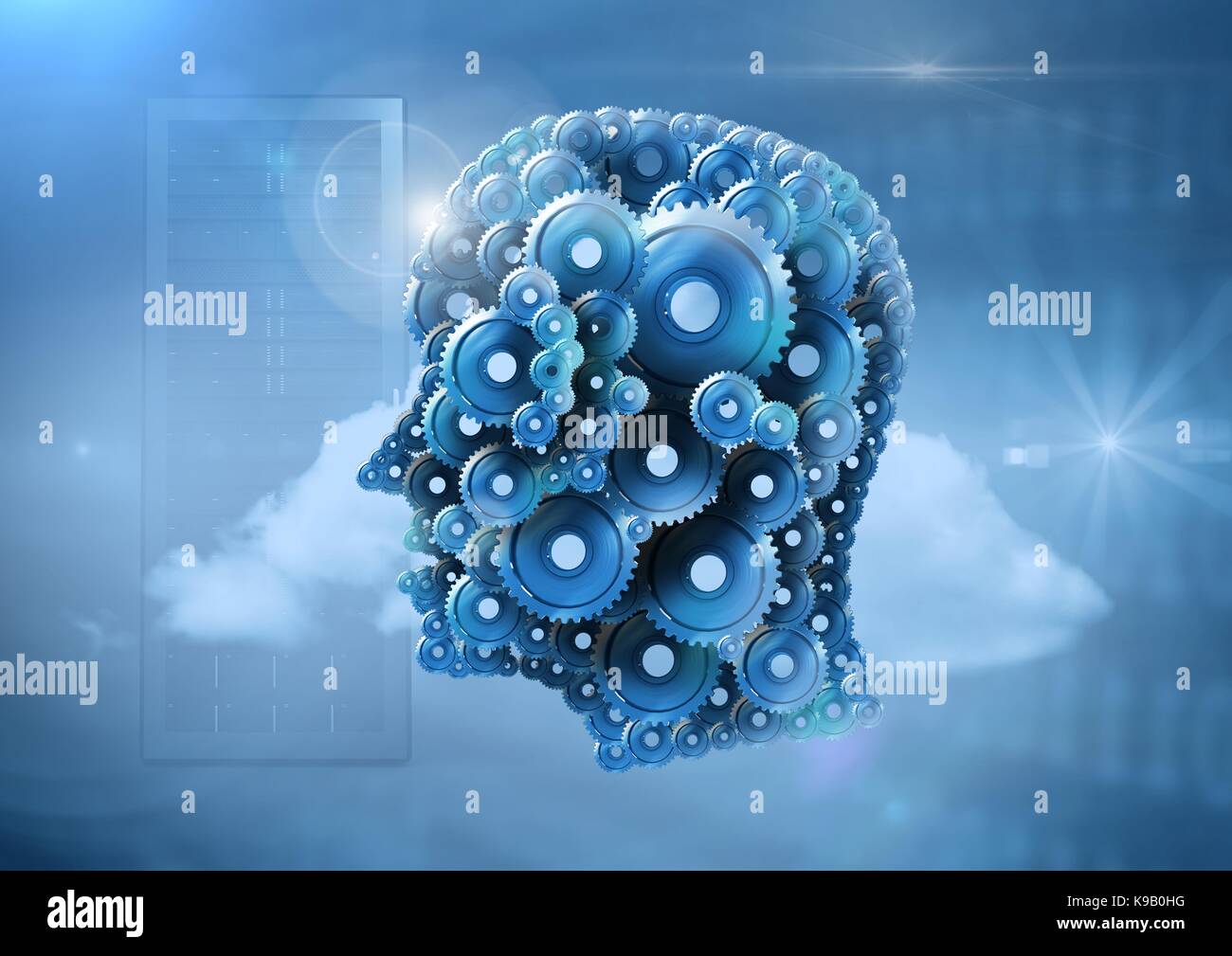 Digital composite of Cog head with cloud servers Stock Photo - Alamy