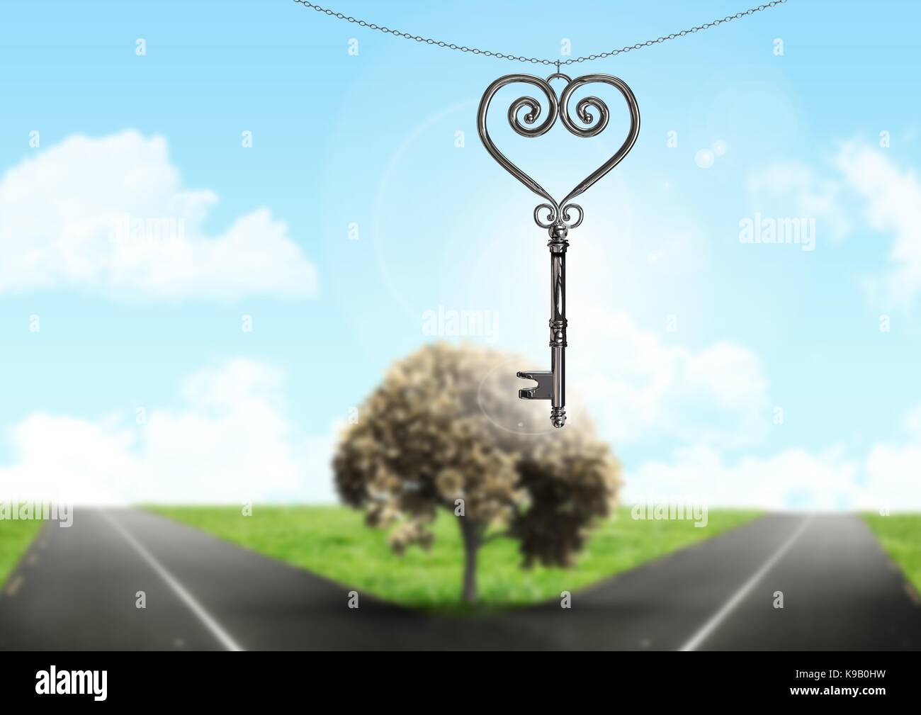 Digital composite of 3D Heart Key floating over parting road Stock ...