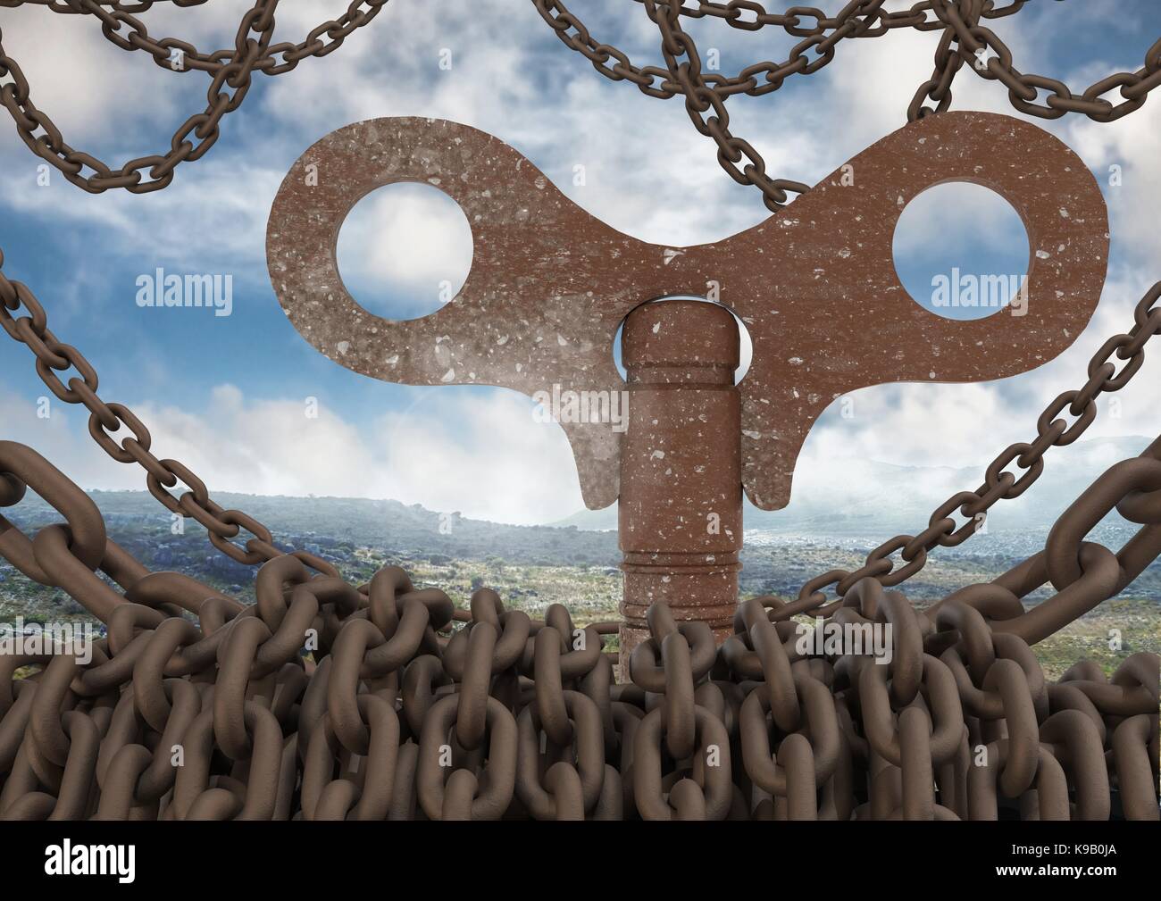 Digital composite of 3D Rustic Key and chains with sky Stock Photo - Alamy